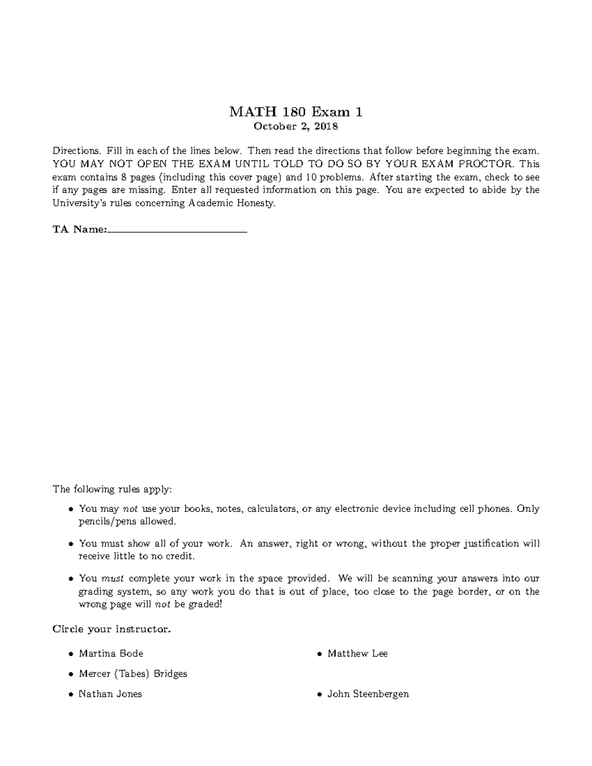 Math180 first fall2018 - MATH 180 Exam 1 October 2, 2018 Directions ...