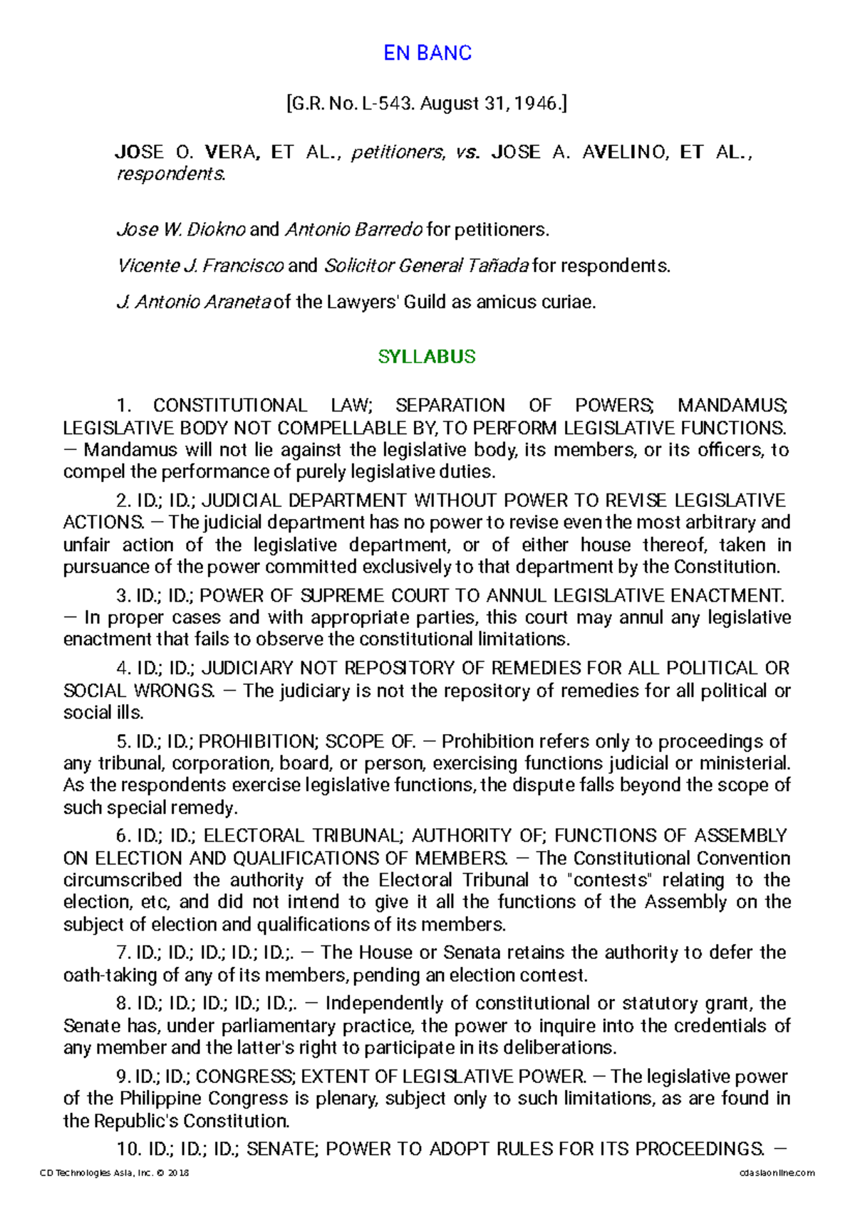 60 Vera v - Notes - EN BANC [G. No. L-543. August 31, 1946.] JOSEJOSE O ...
