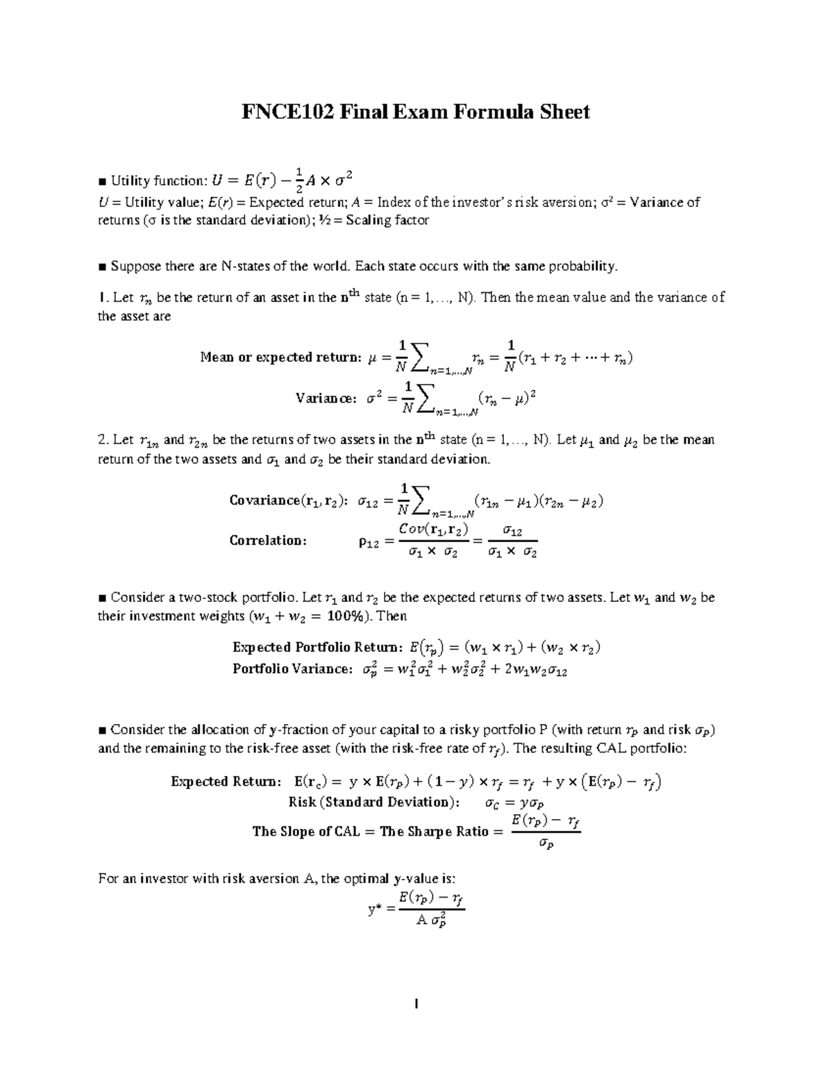 2022 Final Exam Formula Sheet - 1 FNCE102 Final Exam Formula Sheet ...