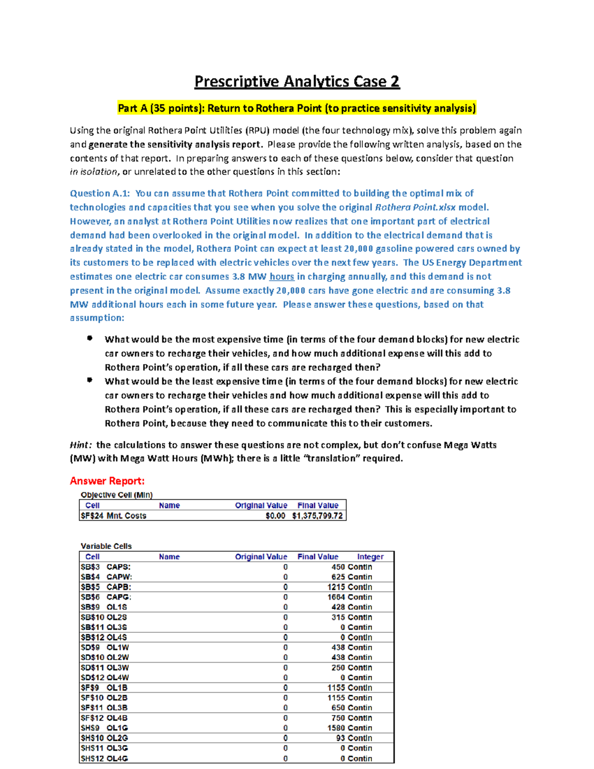 Prescriptive Case 2 - case study - Prescriptive Analytics Case 2 Part A (35 points): Return to ...
