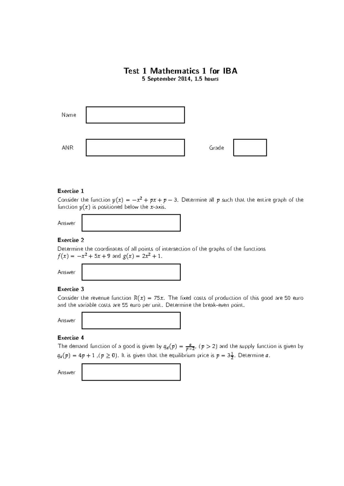 Exam 9 September 2014, Questions | Mathematics 1 - Test 1 Mathemati s 1 ...