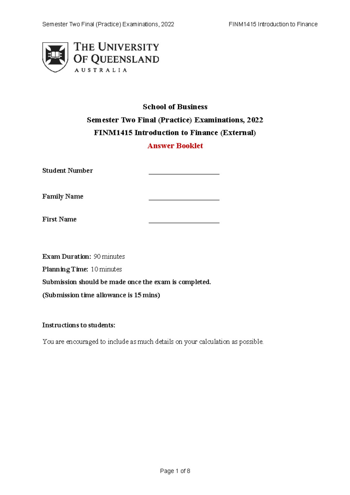FINM1415 Final Exam Answer Booklet (Practice) - School of Business ...