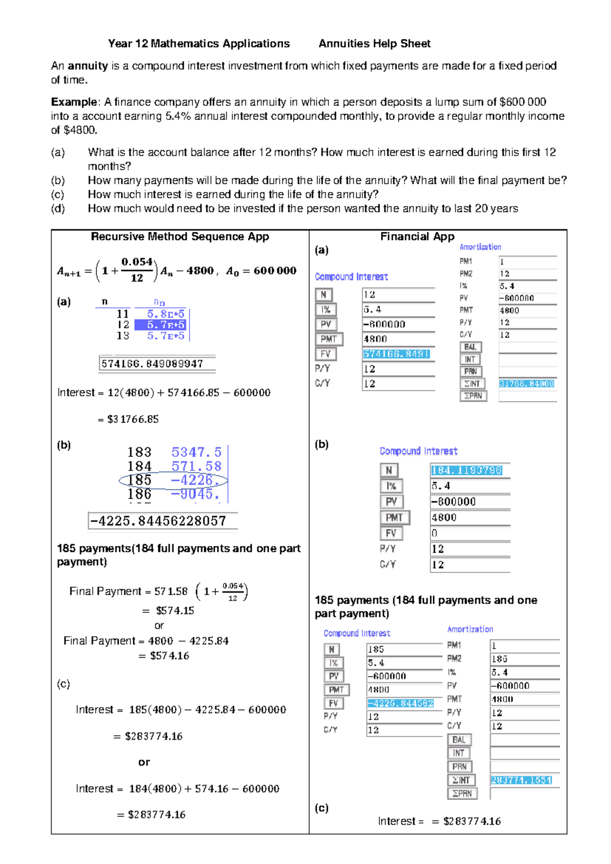 2023 Annuities Help Sheet - Year 12 Mathematics Applications Annuities ...