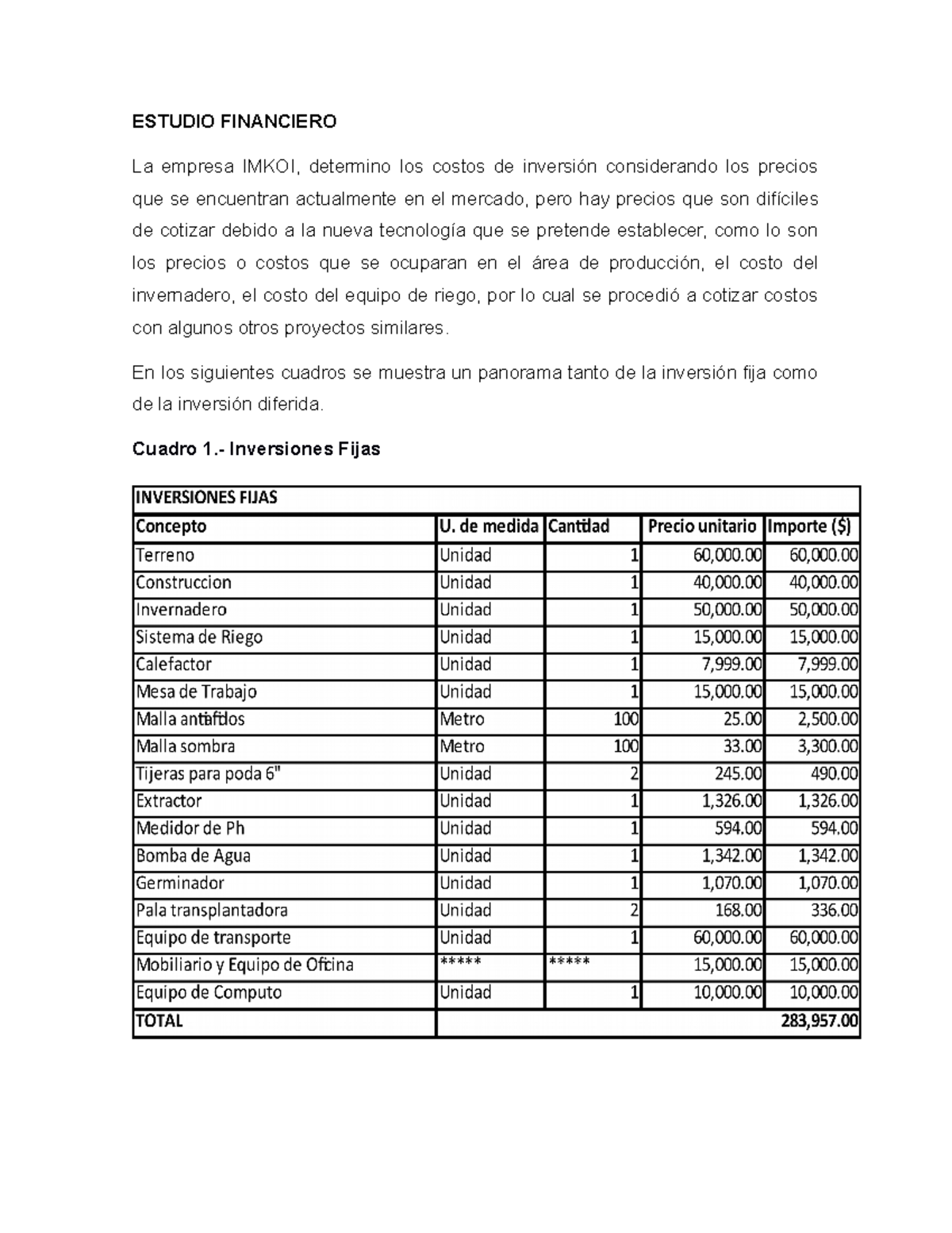 Tarea 1 - ESTUDIO FINANCIERO - ESTUDIO FINANCIERO La empresa IMKOI ...