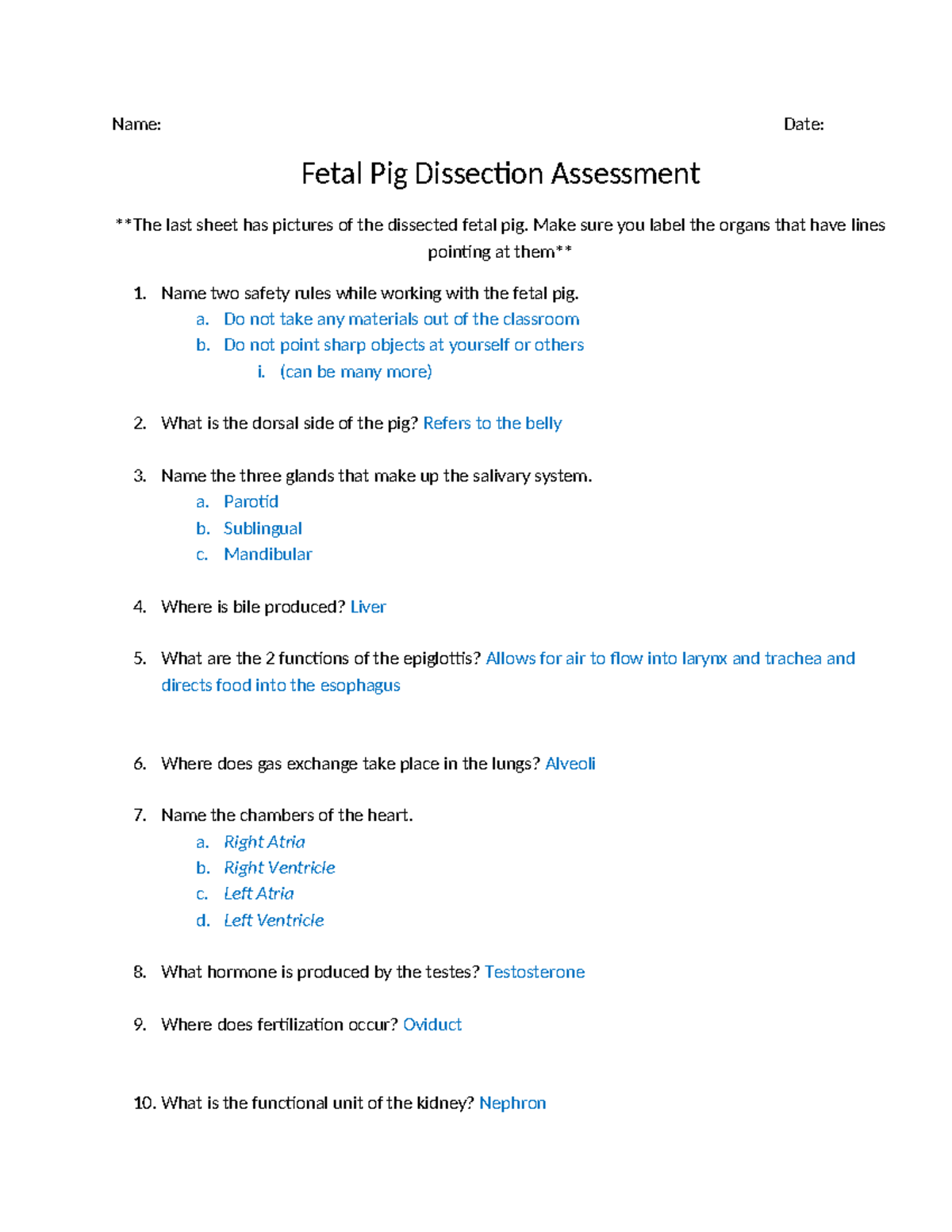 Assessment-with-answers - Name: Date: Fetal Pig Dissection Assessment ...