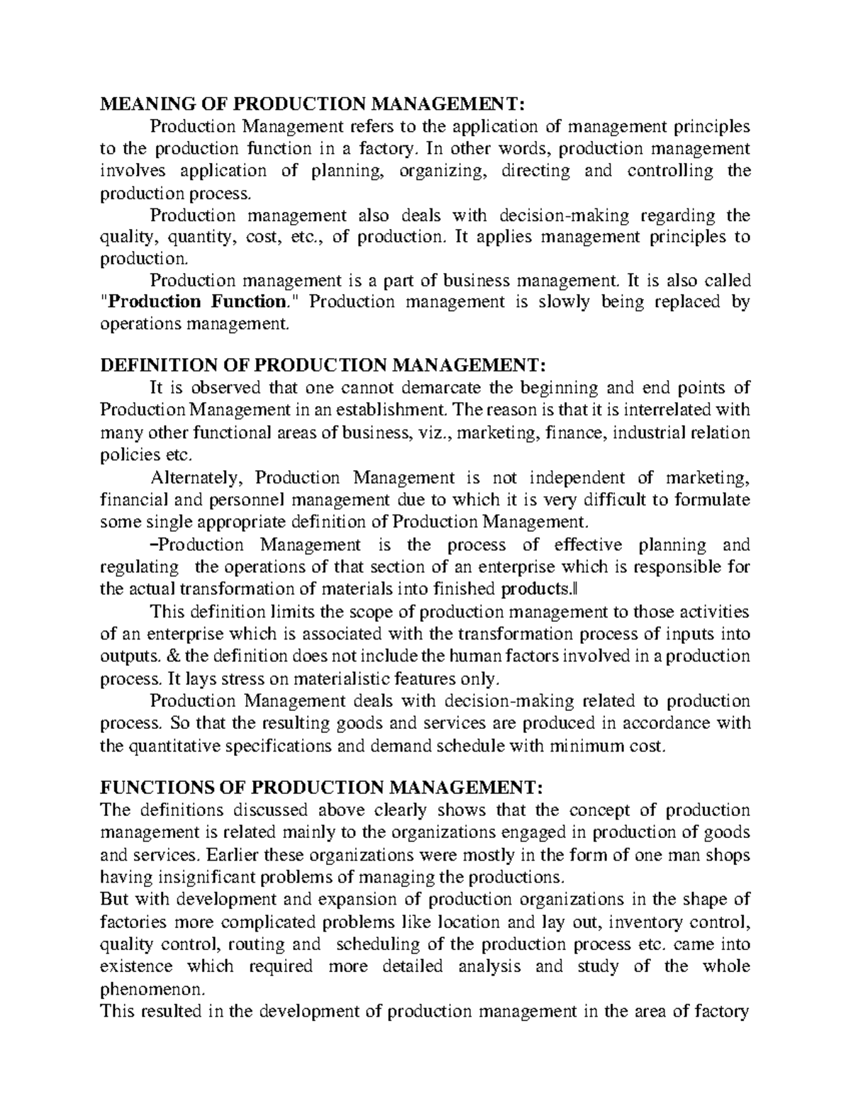 Unit 1 opration management - MEANING OF PRODUCTION MANAGEMENT ...
