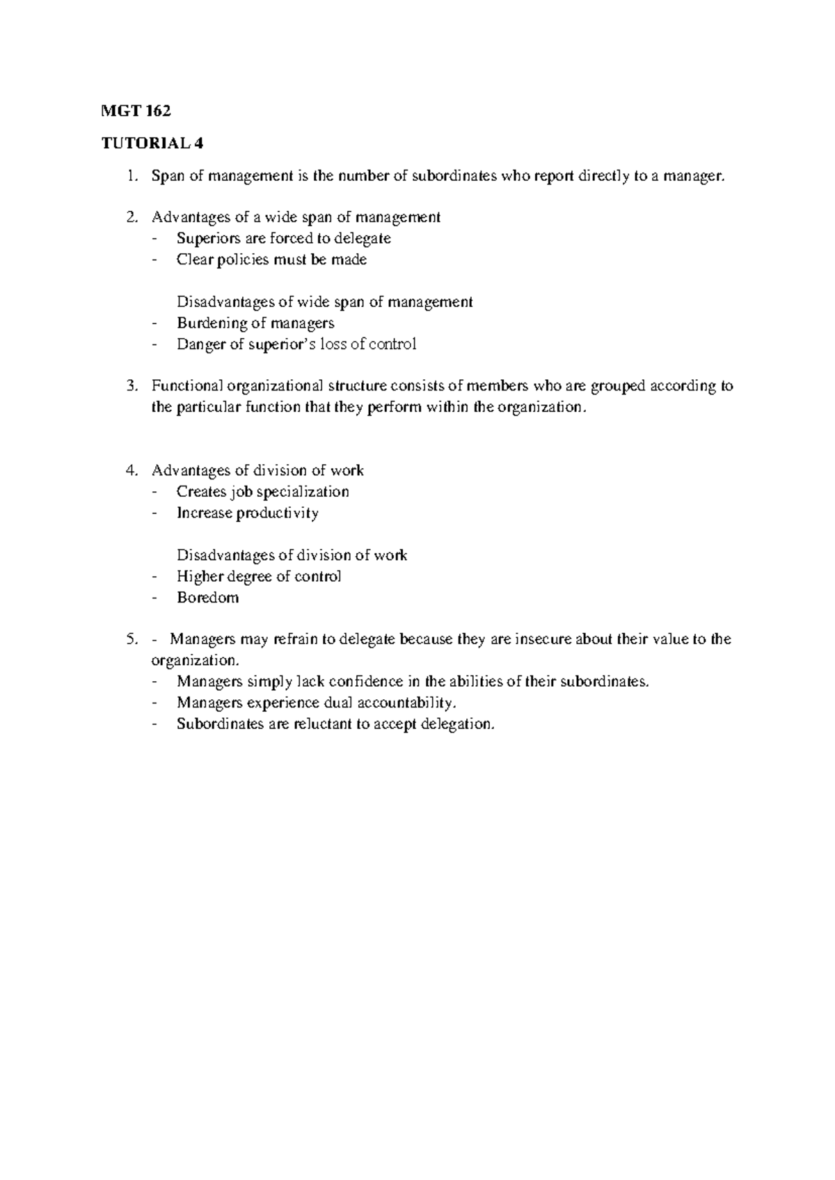 MGT162 Tutorial 4 - MGT 16 2 TUTORIAL 4 Span of management is the ...