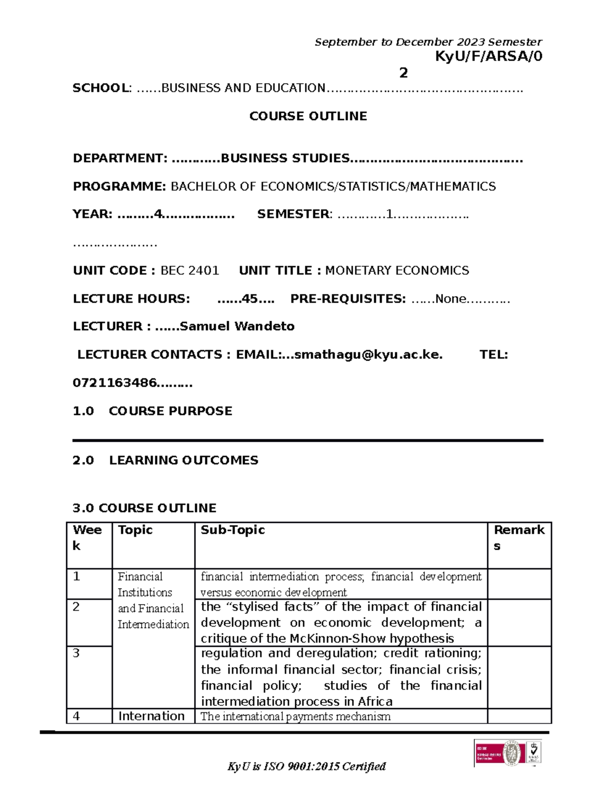 Course Outline - ALL - KyU/F/ARSA/ 2 SCHOOL: ..... AND - Studocu