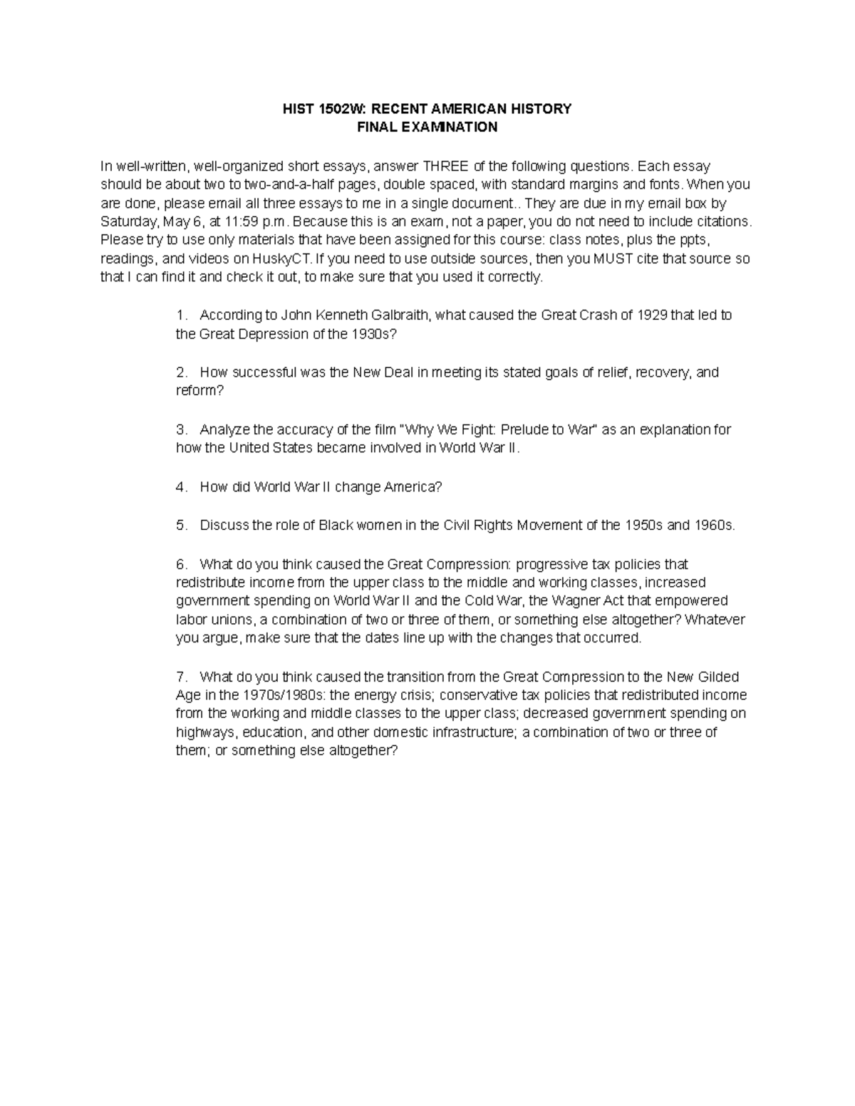 History Final -2 - HIST 1502W: RECENT AMERICAN HISTORY FINAL ...