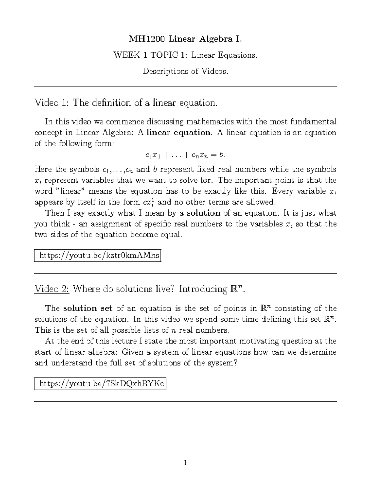 1.1 Linear Equations - MH1200 Linear Algebra I. WEEK 1 TOPIC 1: Linear ...