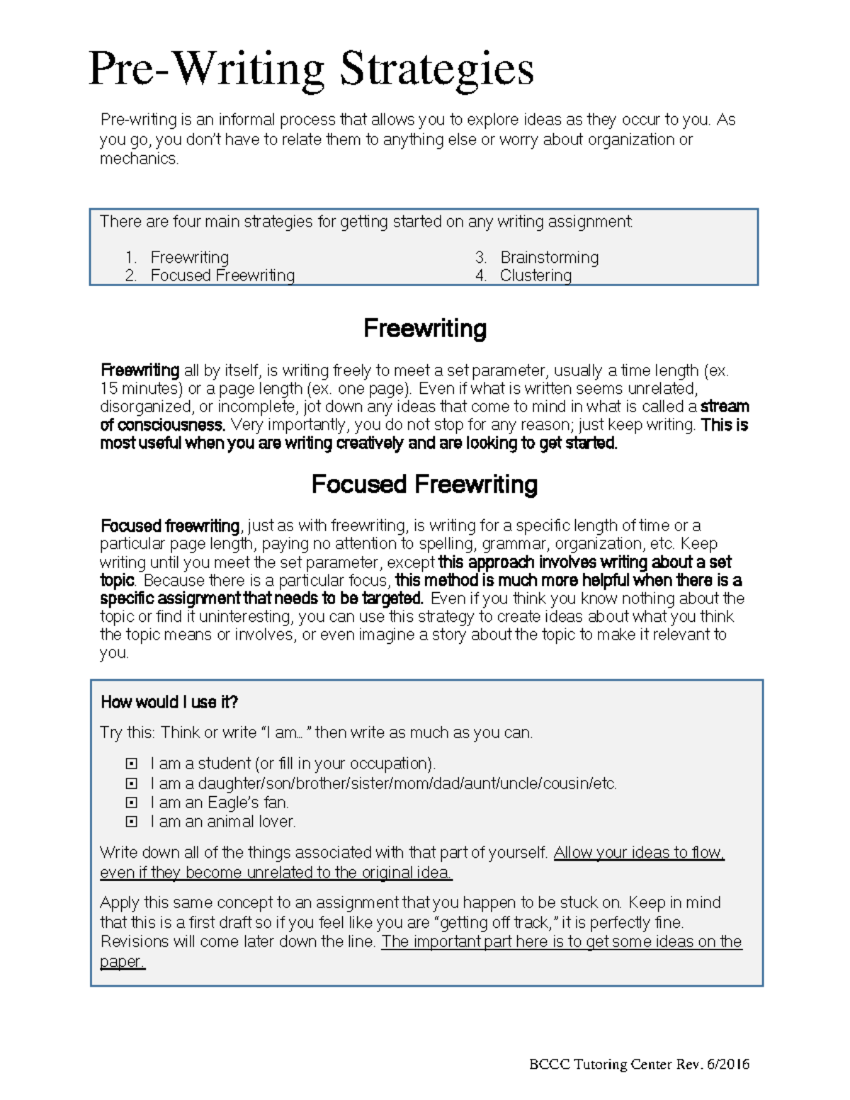Pre-Writing-Strategies 715 - BCCC Tutoring Center Rev. 6/ Pre-Writing ...