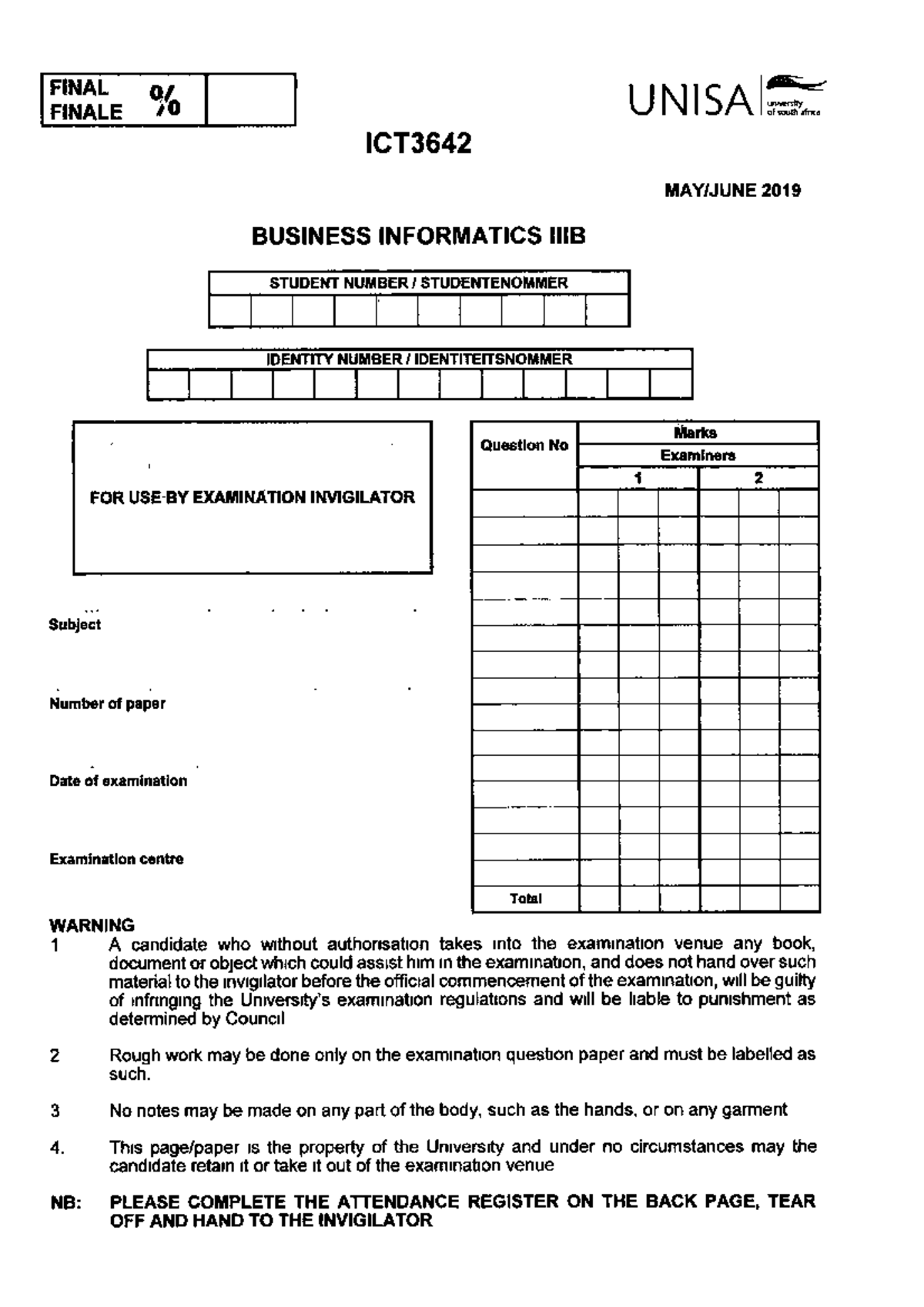 ICT3642 2019 6 E 1 - Previous exam paper - ICT3642 - Studocu