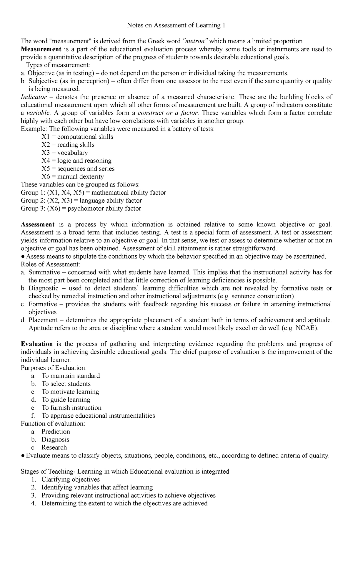 Assessment of Learning Notes - Notes on Assessment of Learning 1 The ...