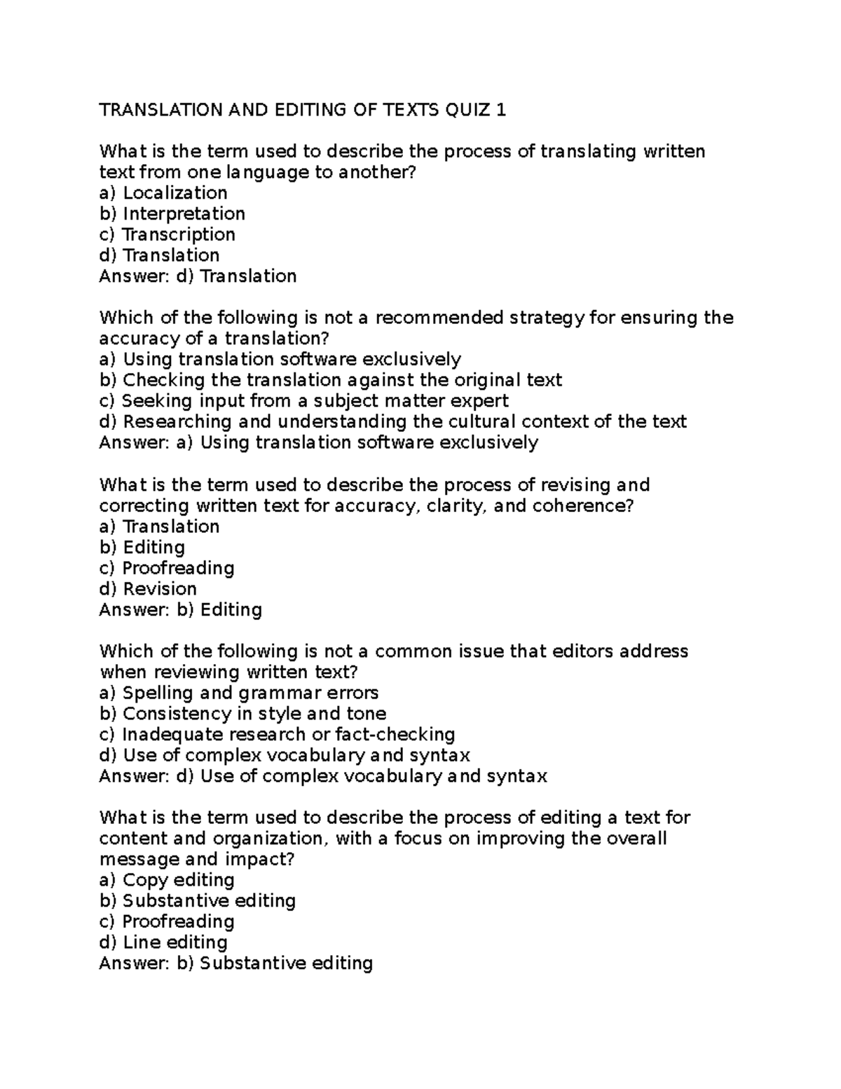 Translation AND Editing OF Texts QUIZ 1 - TRANSLATION AND EDITING OF ...