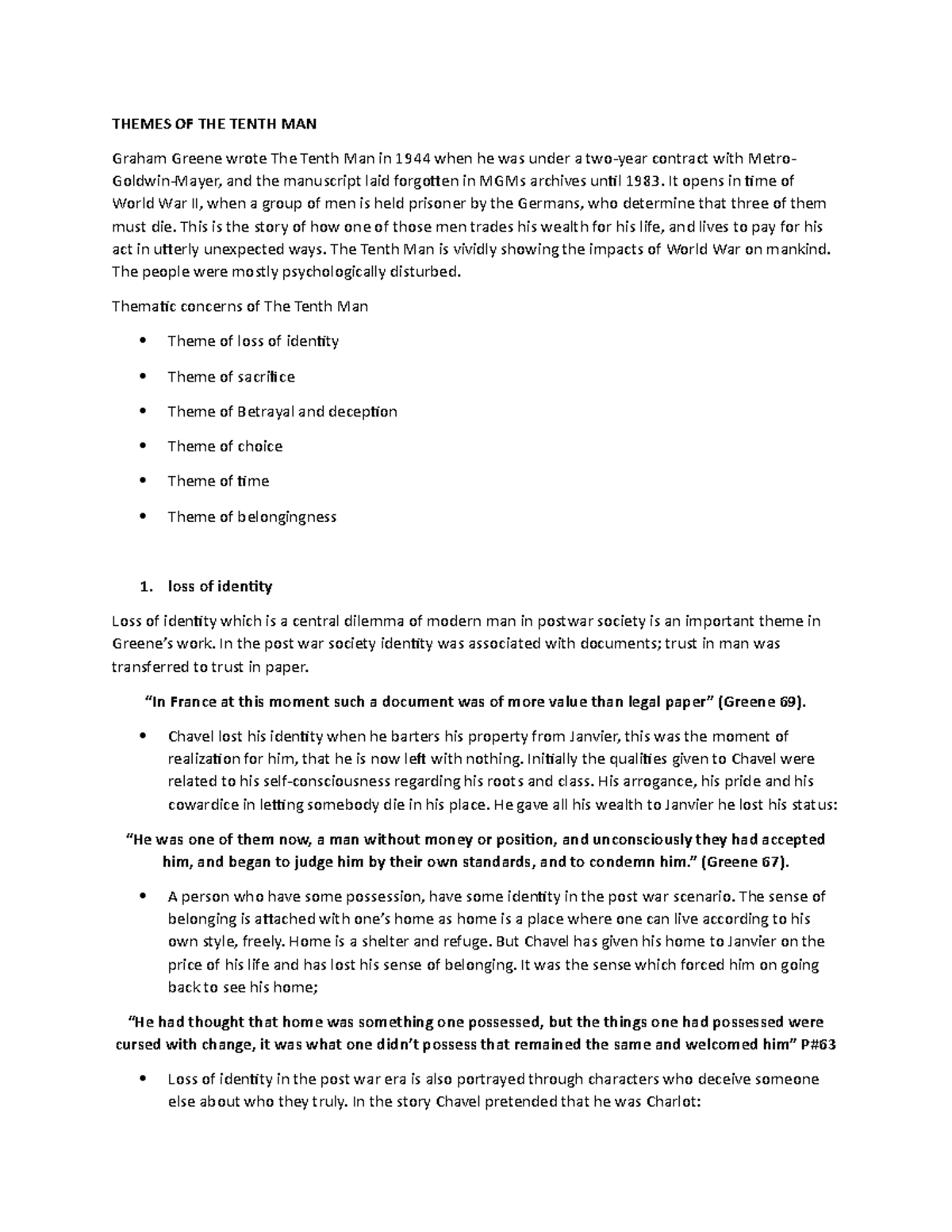 Themes of 10th man - THEMES OF THE TENTH MAN Graham Greene wrote The ...