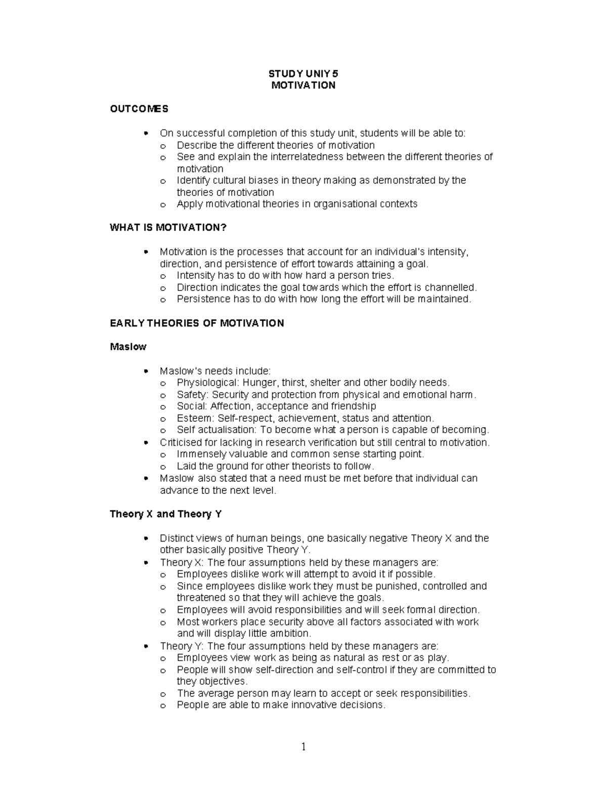 Study unit 4 - STUDY UNIY 5 MOTIVATION OUTCOMES On successful ...