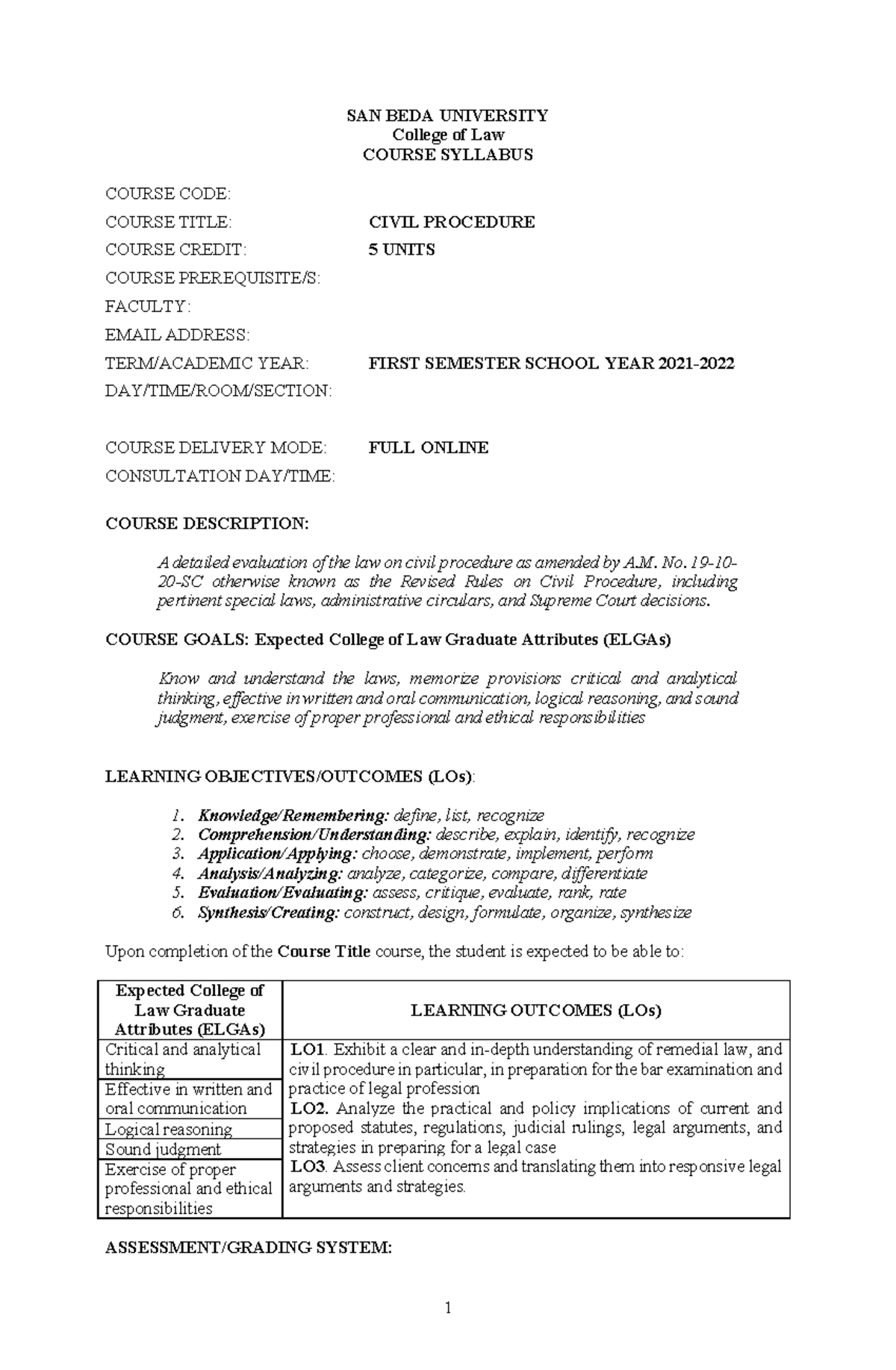 Scribd - sss - SAN BEDA UNIVERSITY College of Law COURSE SYLLABUS ...