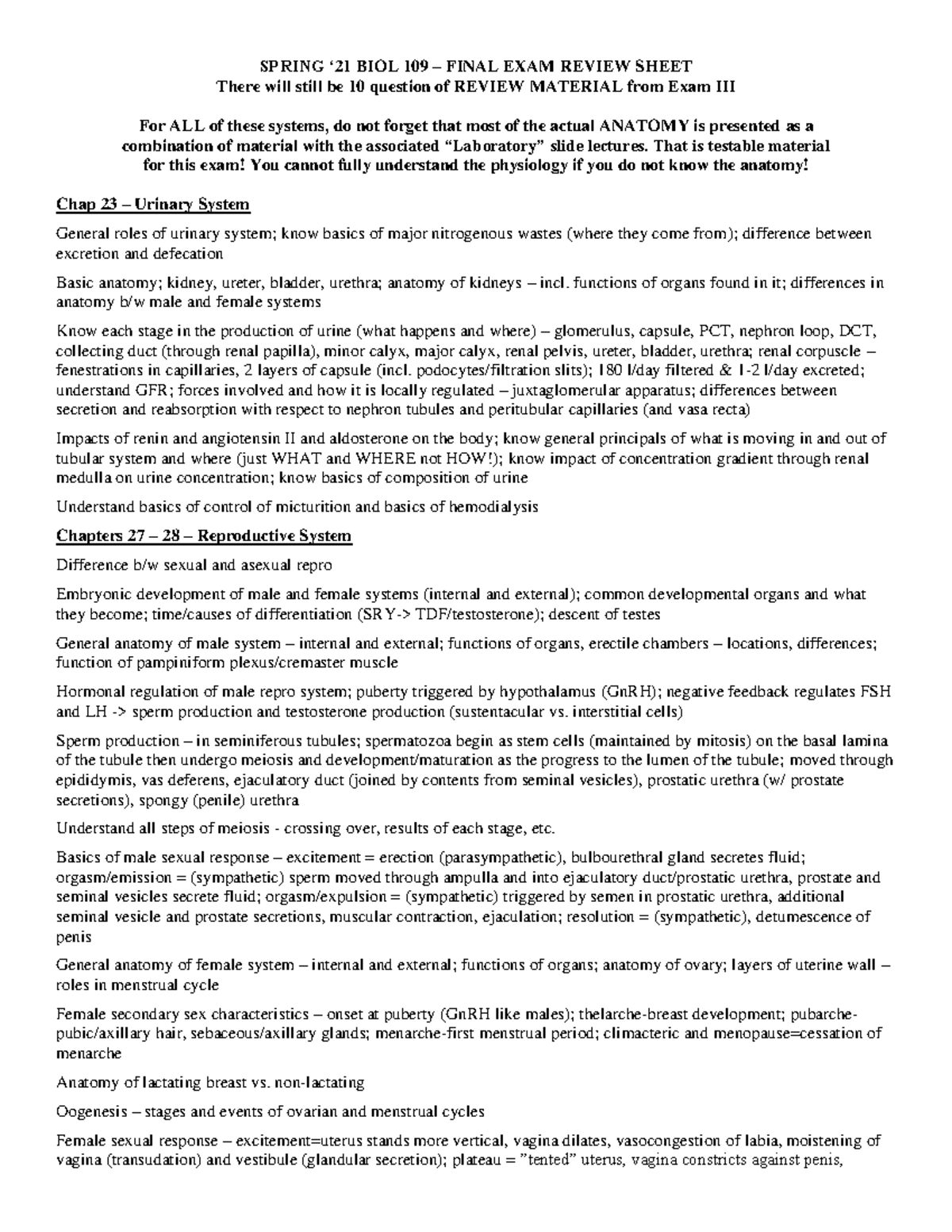 BIOL 109 Spring 21 Exam IV Review Sheet - SPRING ‘21 BIOL 109 – FINAL ...