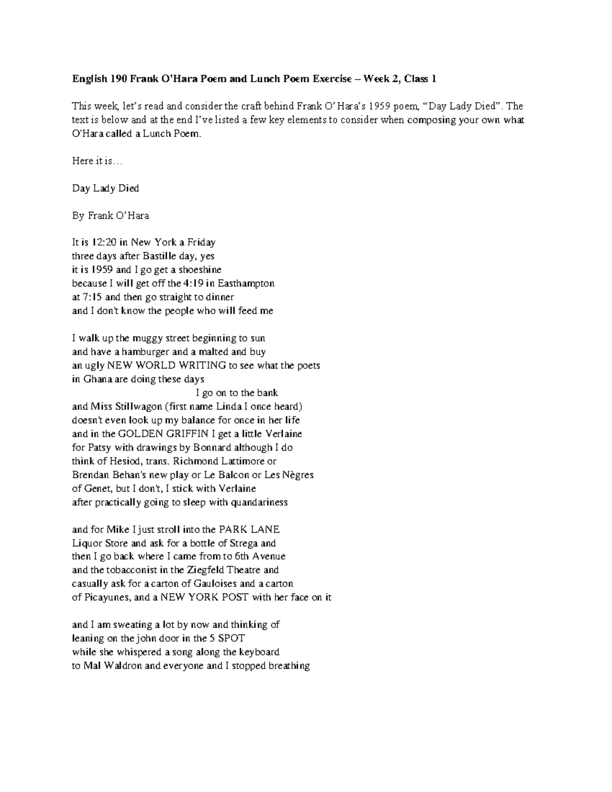 ENGL190 W2C1 Frank OHara and Lunch Poem Exercise - English 190 Frank O ...