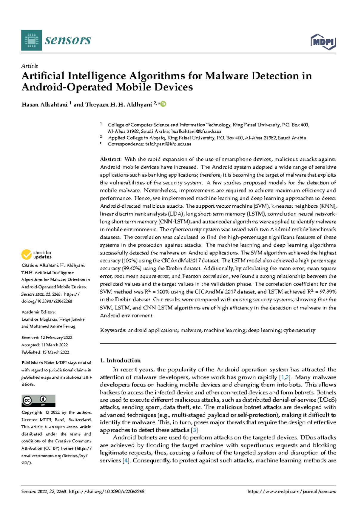 Artificial Intelligence Algorithms for Malware Detection in Android ...