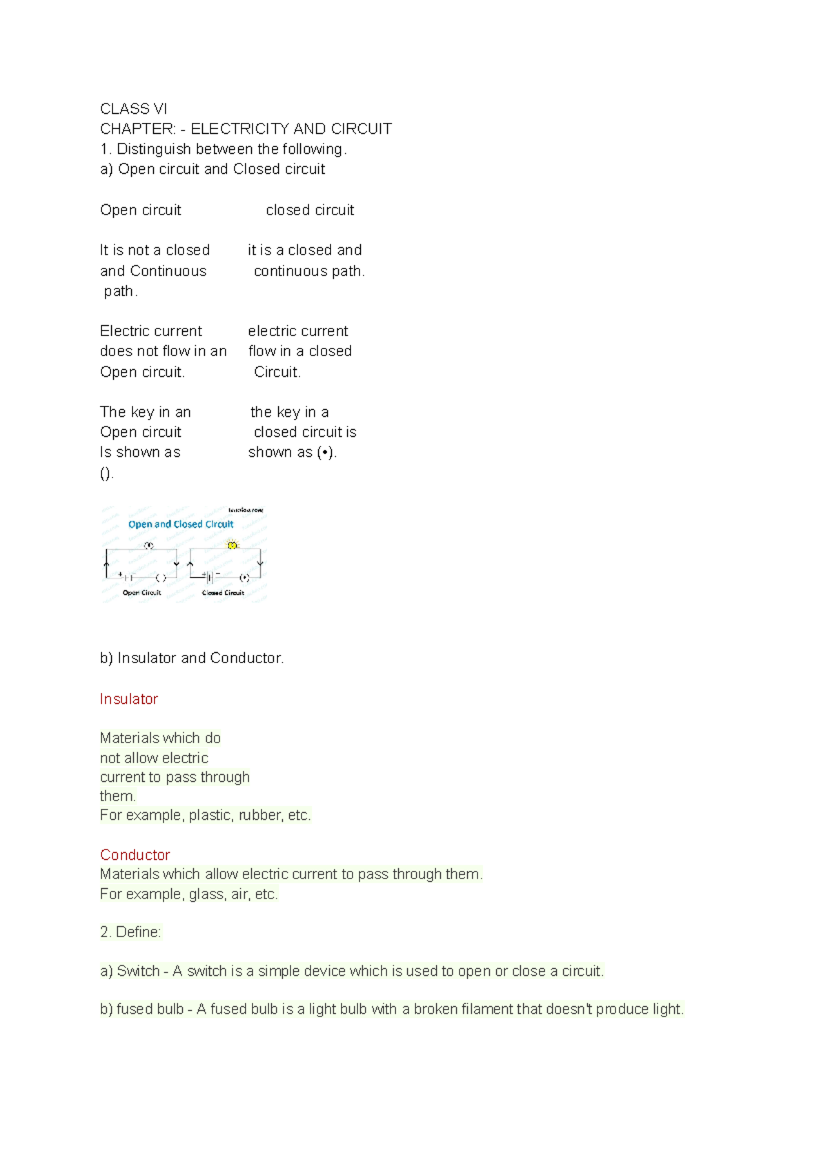 Class 6th answer electricity - CLASS VI CHAPTER: - ELECTRICITY AND ...
