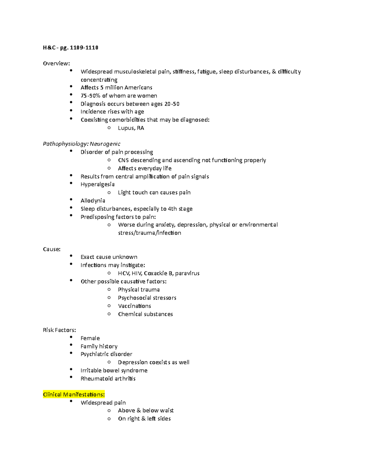 Fibromyalgia - Exam 4 - H&C - pg. 1109- Overview: Widespread ...