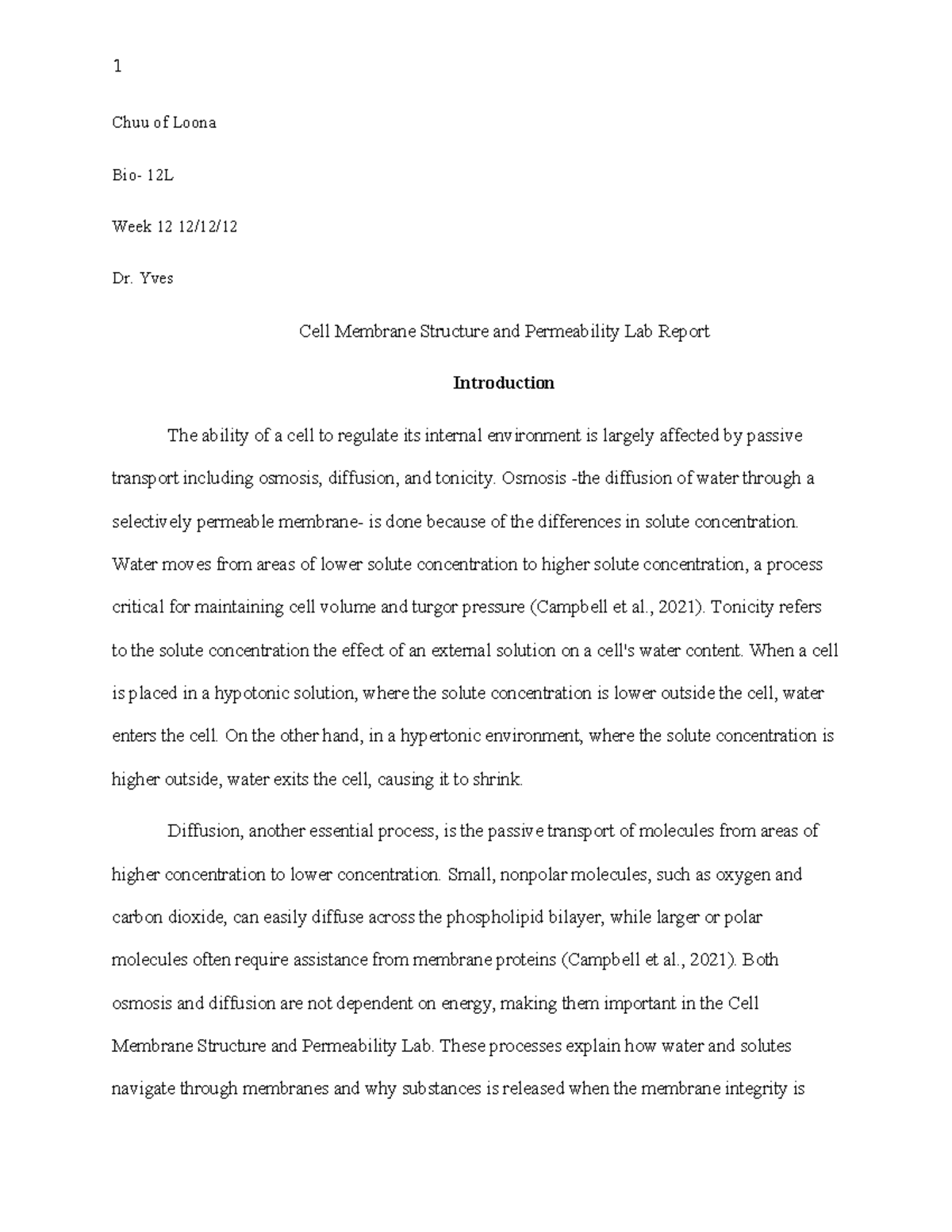 Cell Membrane and Permeability Lab Report - Chuu of Loona Bio- 12L Week ...