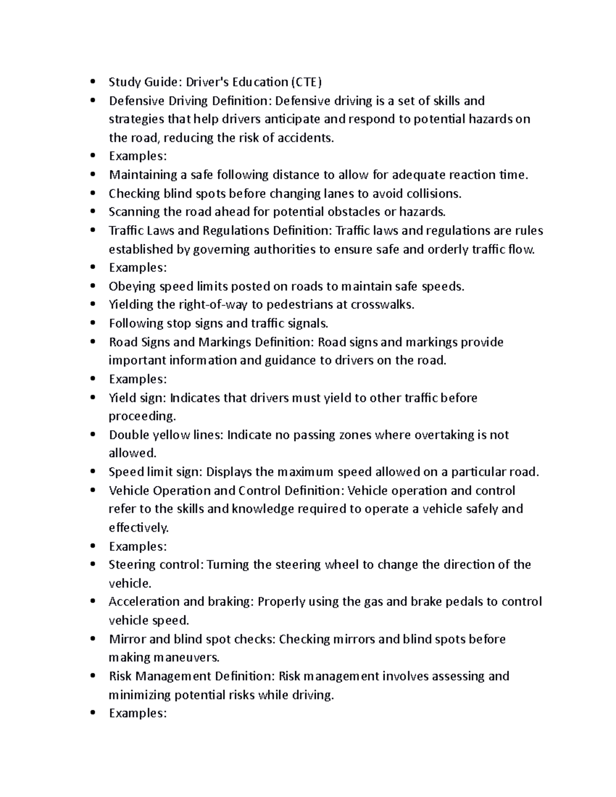 Drivers ED - CTE Study Guide - Study Guide: Driver's Education (CTE ...