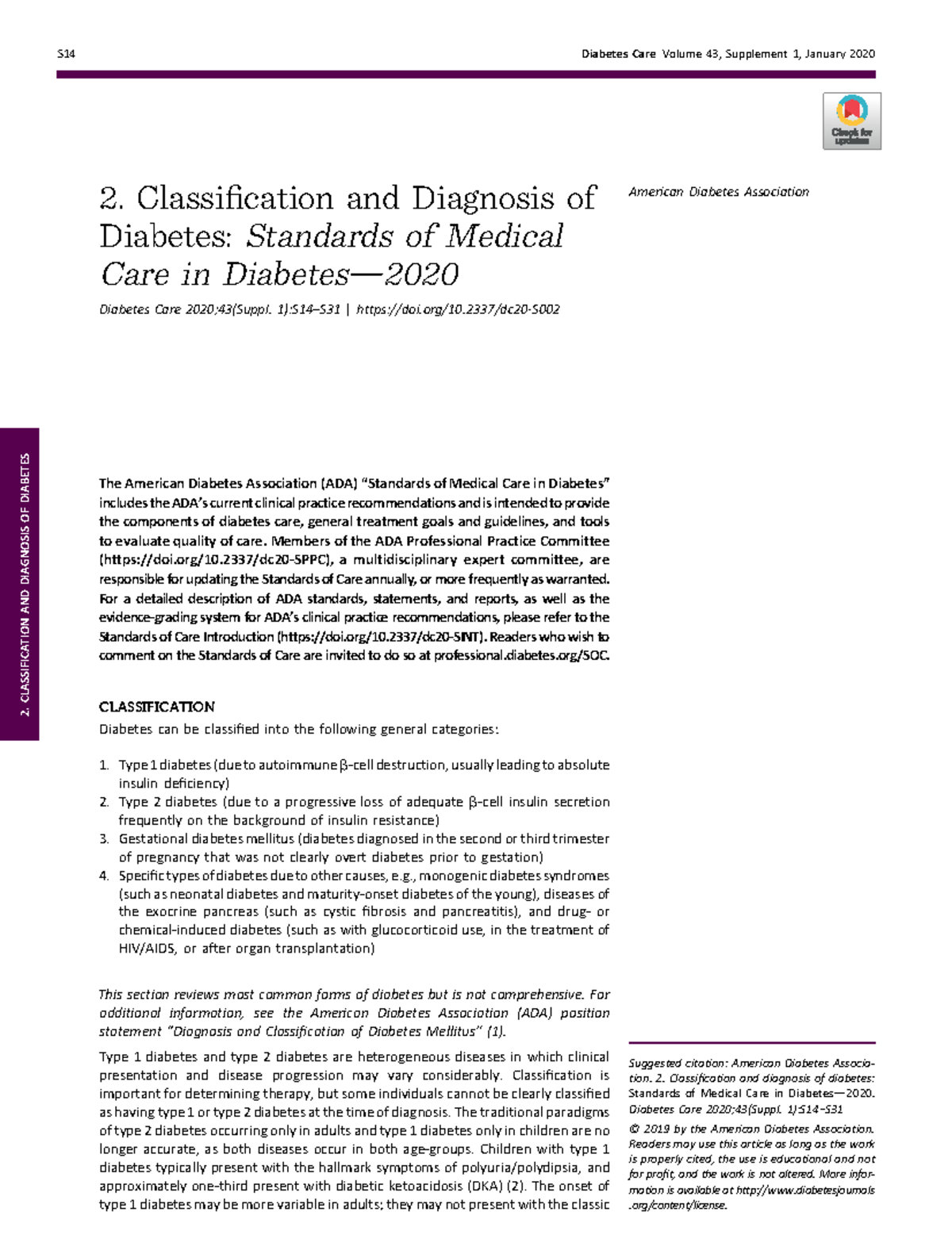 ADA 2020 S14 - 2. Classification and Diagnosis of Diabetes: Standards ...