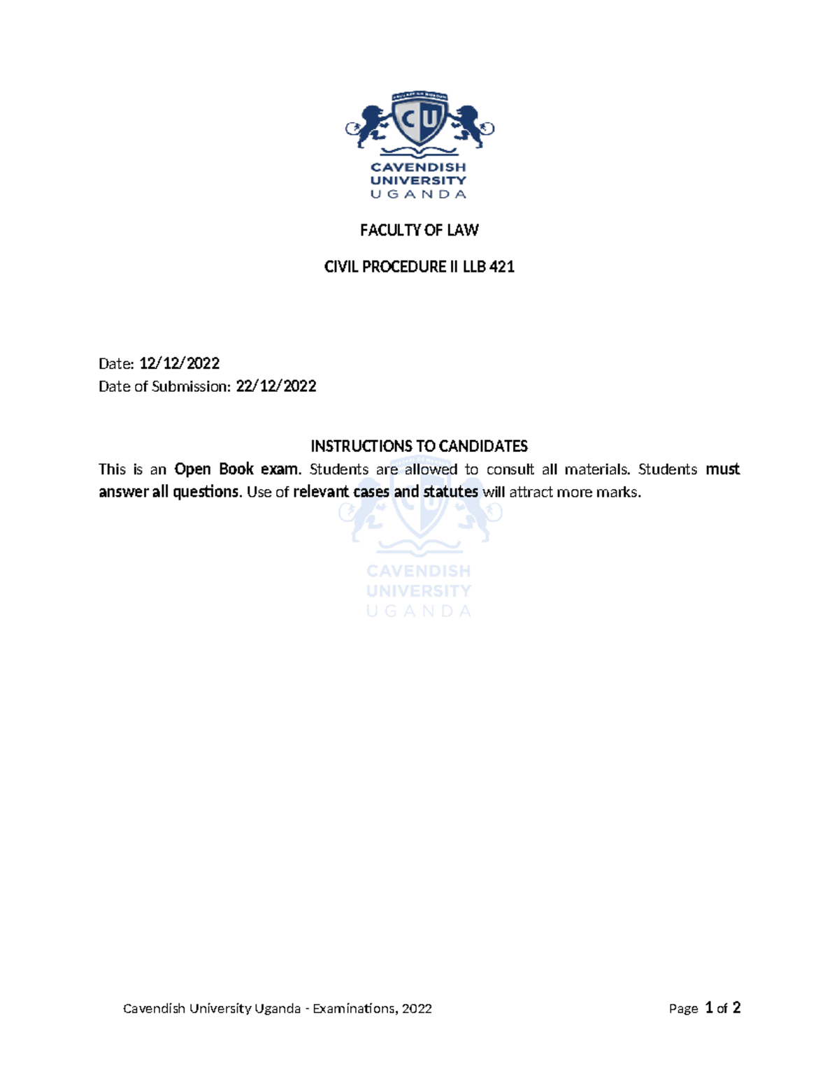 Civil Procedure 2Exam - Its a question Paper - FACULTY OF LAW CIVIL ...