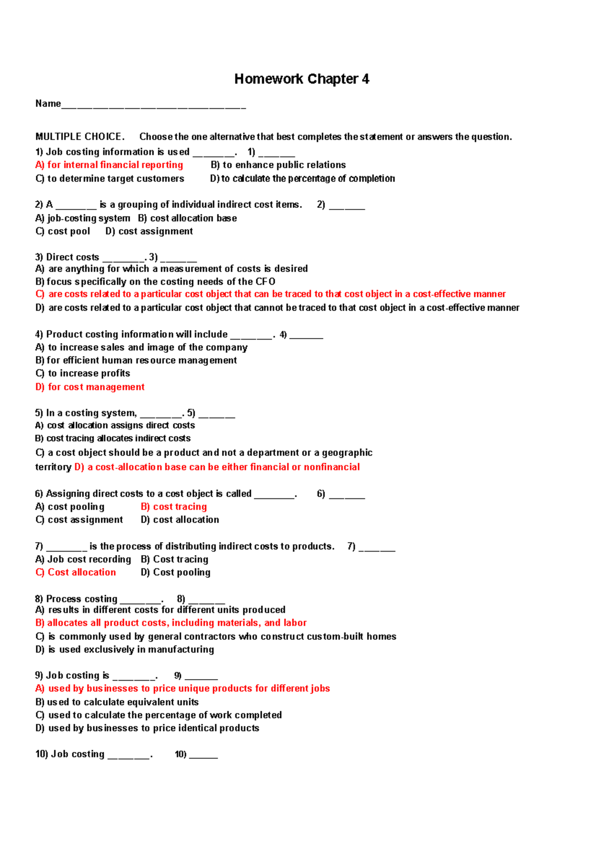 Homework chapter 4-cost acc21 - Homework Chapter 4 Name