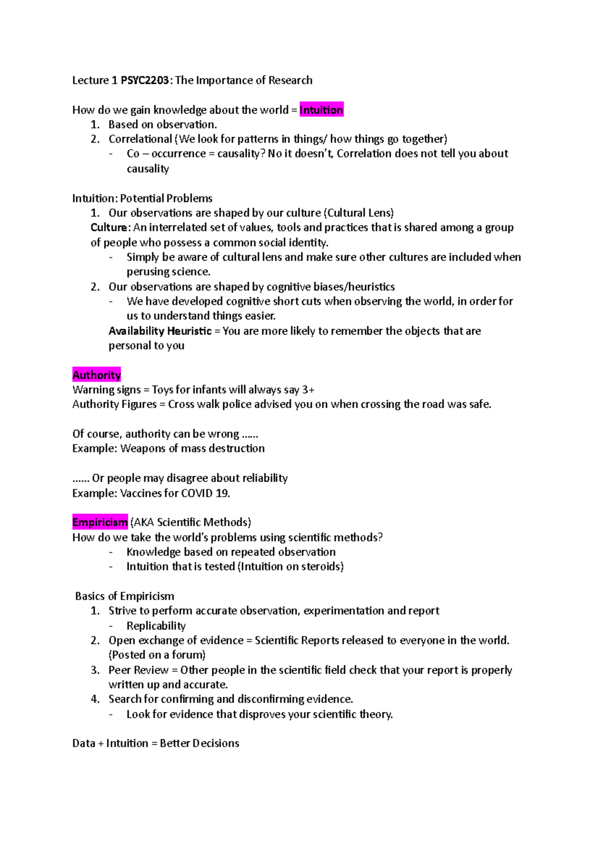 Lecture 1 - Lecture 1 PSYC2203: The Importance of Research How do we ...