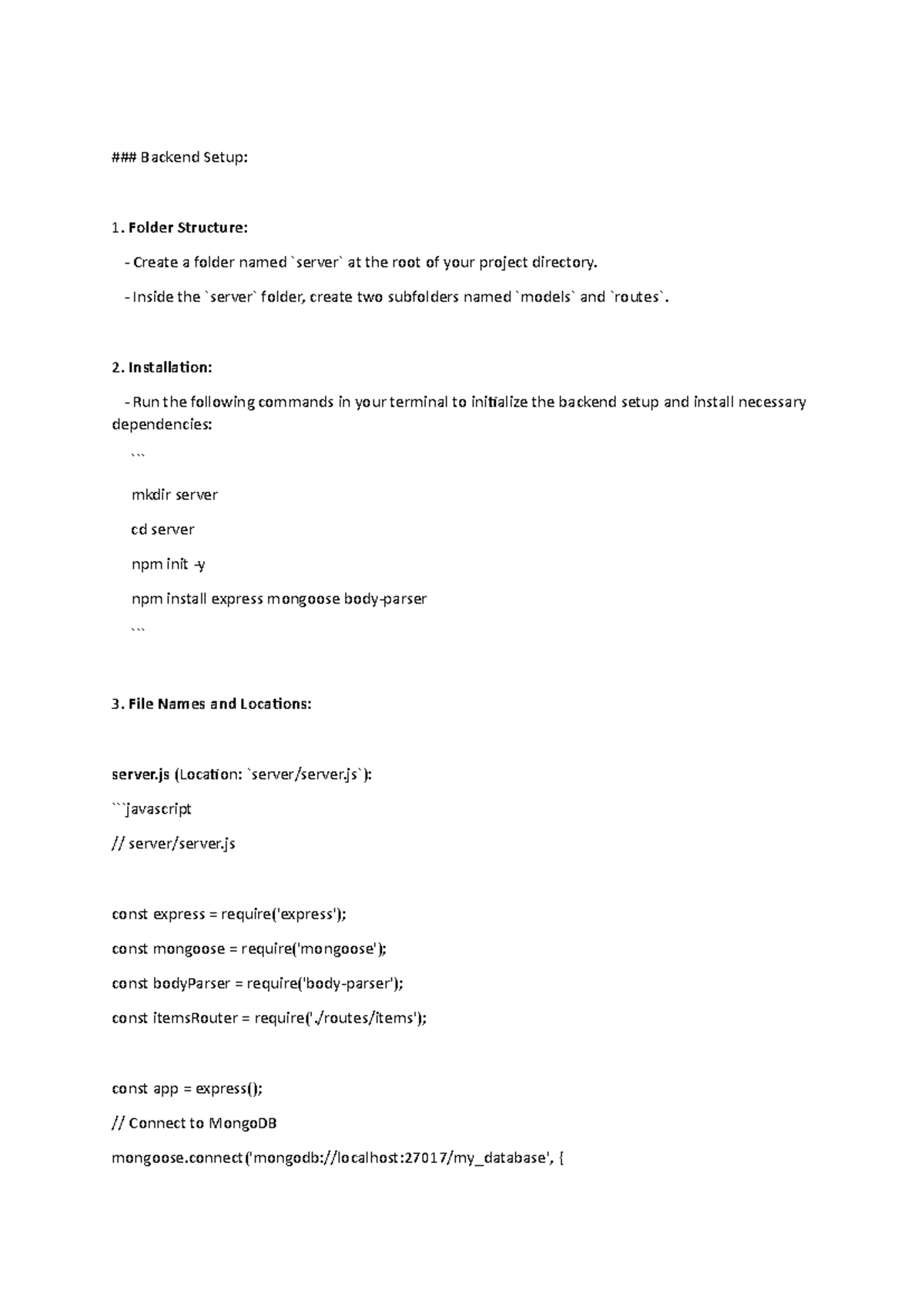 Mongo - Backend Setup: Folder Structure: Create a folder named server ...