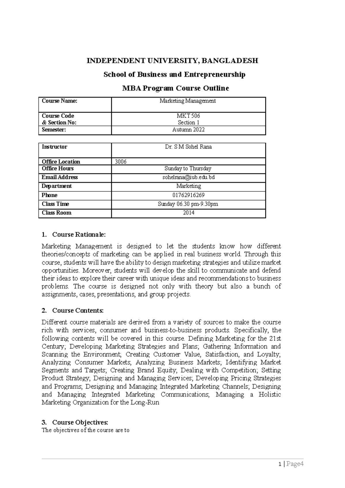 MKT 506 OBE course outline - INDEPENDENT UNIVERSITY, BANGLADESH School ...