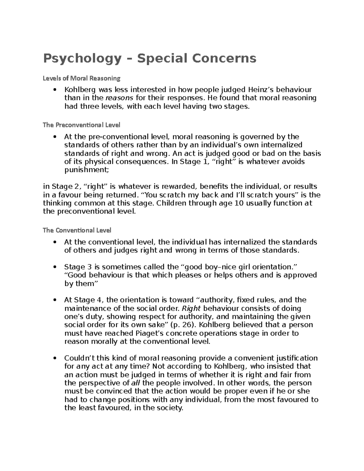 The Preconventional Level - Psychology – Special Concerns Levels of ...