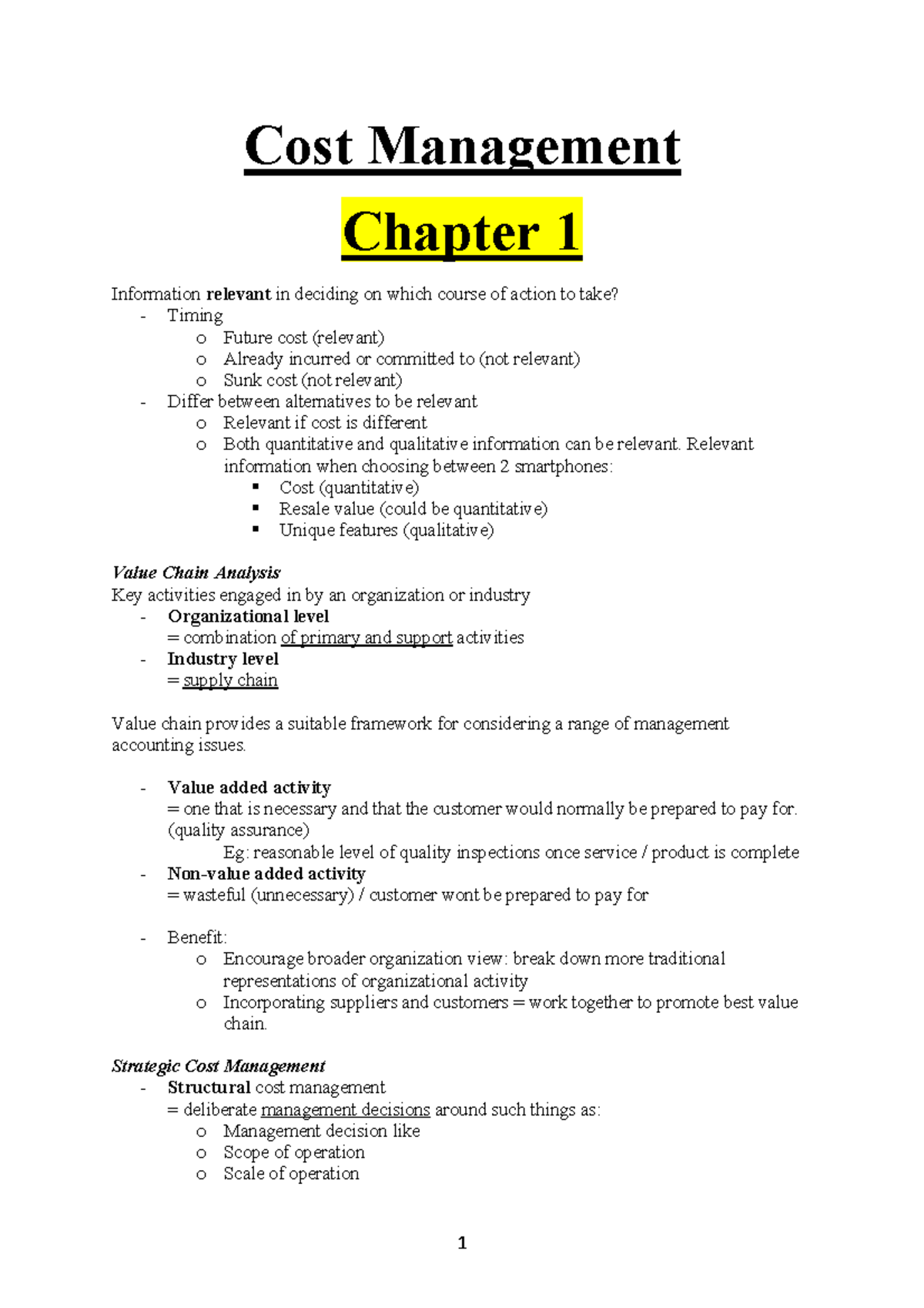 Cost Management Complete Summary (SM2 2020) - Cost Management Chapter 1 ...