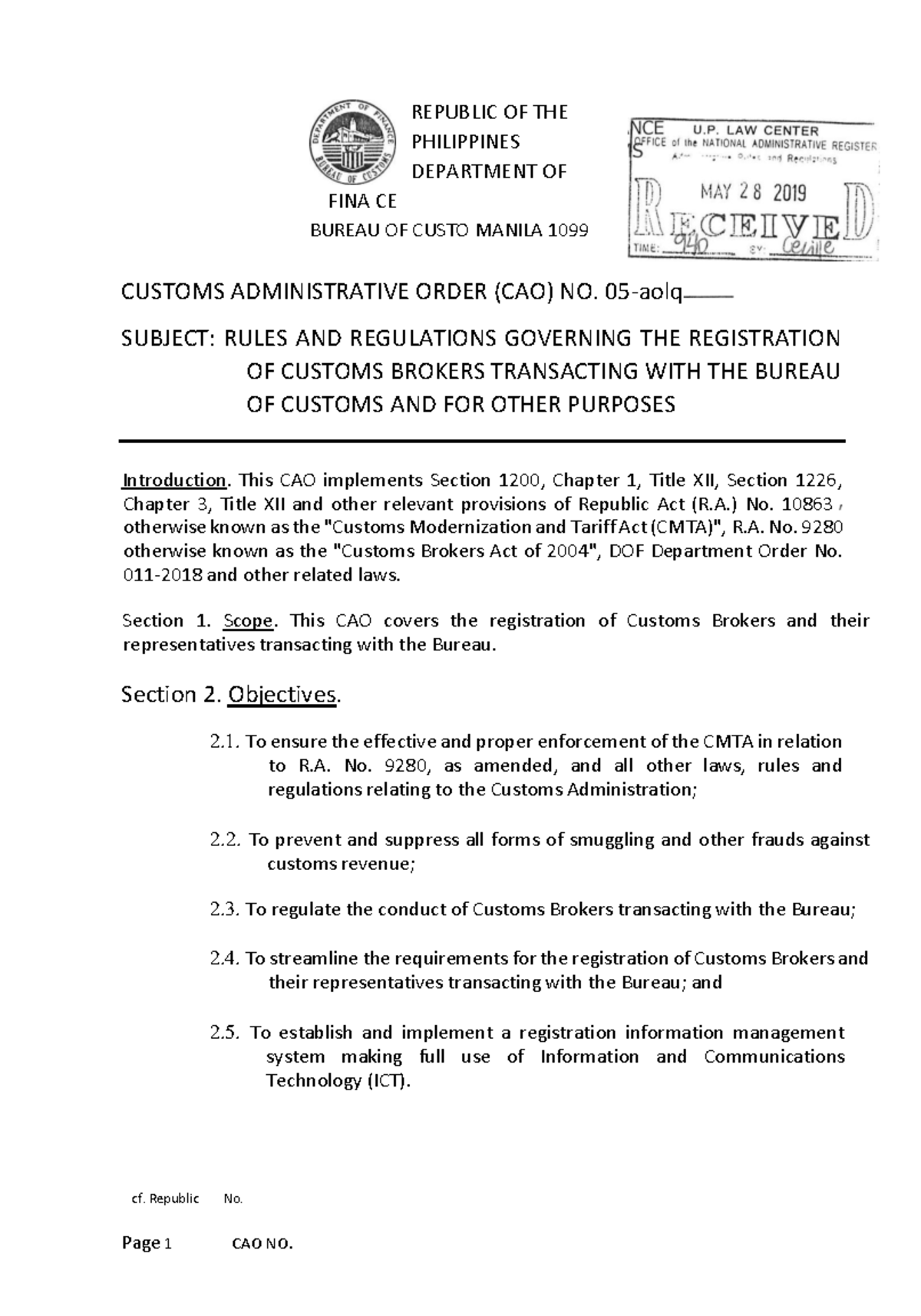 CAO-05-2019 Rules and Regulations Governing the Registration of Customs ...