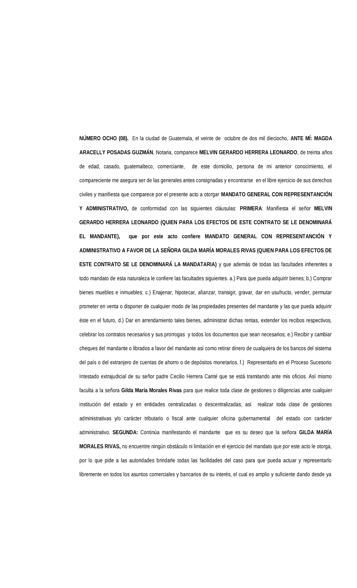 Mandato General CON Representacion Y Administrativo Escritura nùmero 8 ...