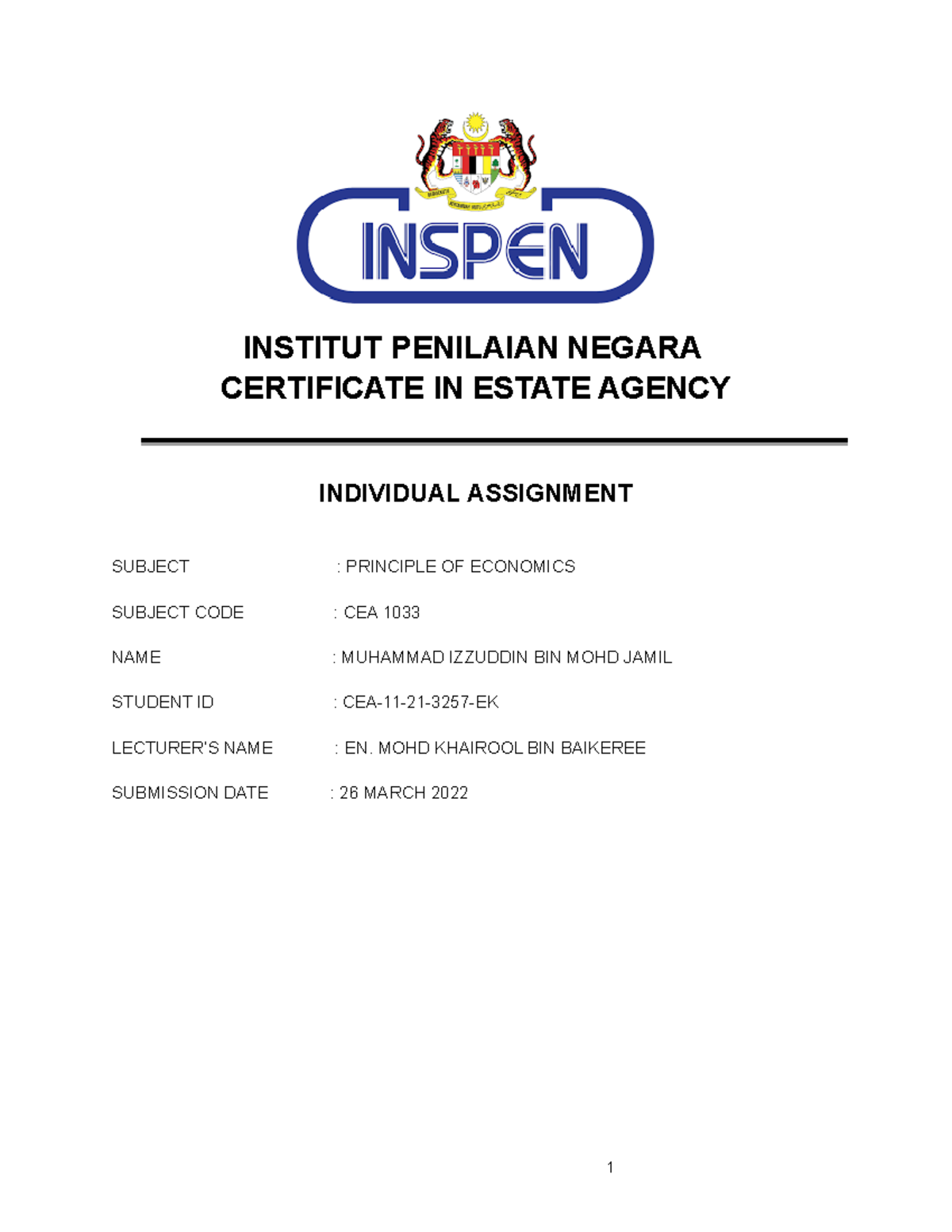 ECO Individu Report - INSTITUT PENILAIAN NEGARA CERTIFICATE IN ESTATE ...