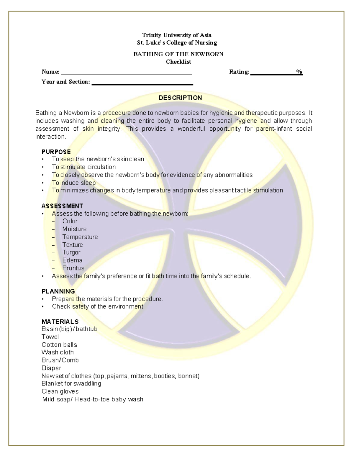 Bathing-OF-THE- Newborn- Checklist - Trinity University of Asia St ...