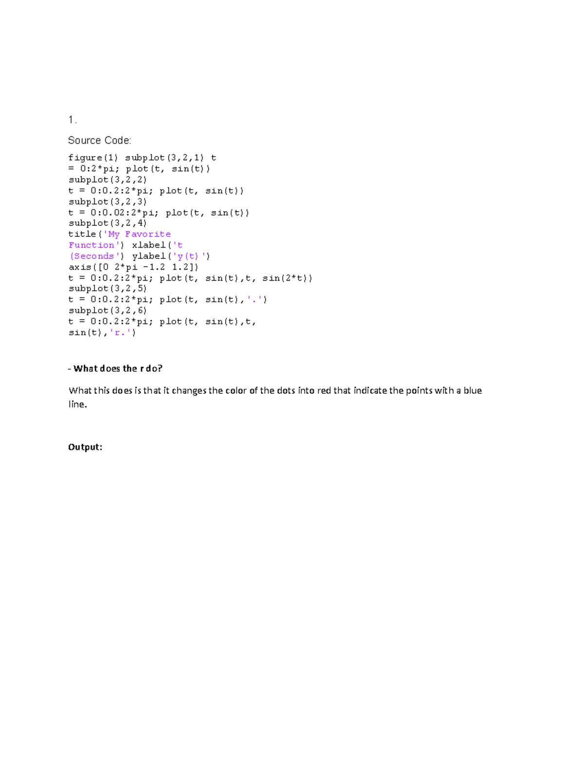 LAB Exercise - 1. Source Code: figure(1) subplot(3,2,1) t = 0:2pi; plot ...
