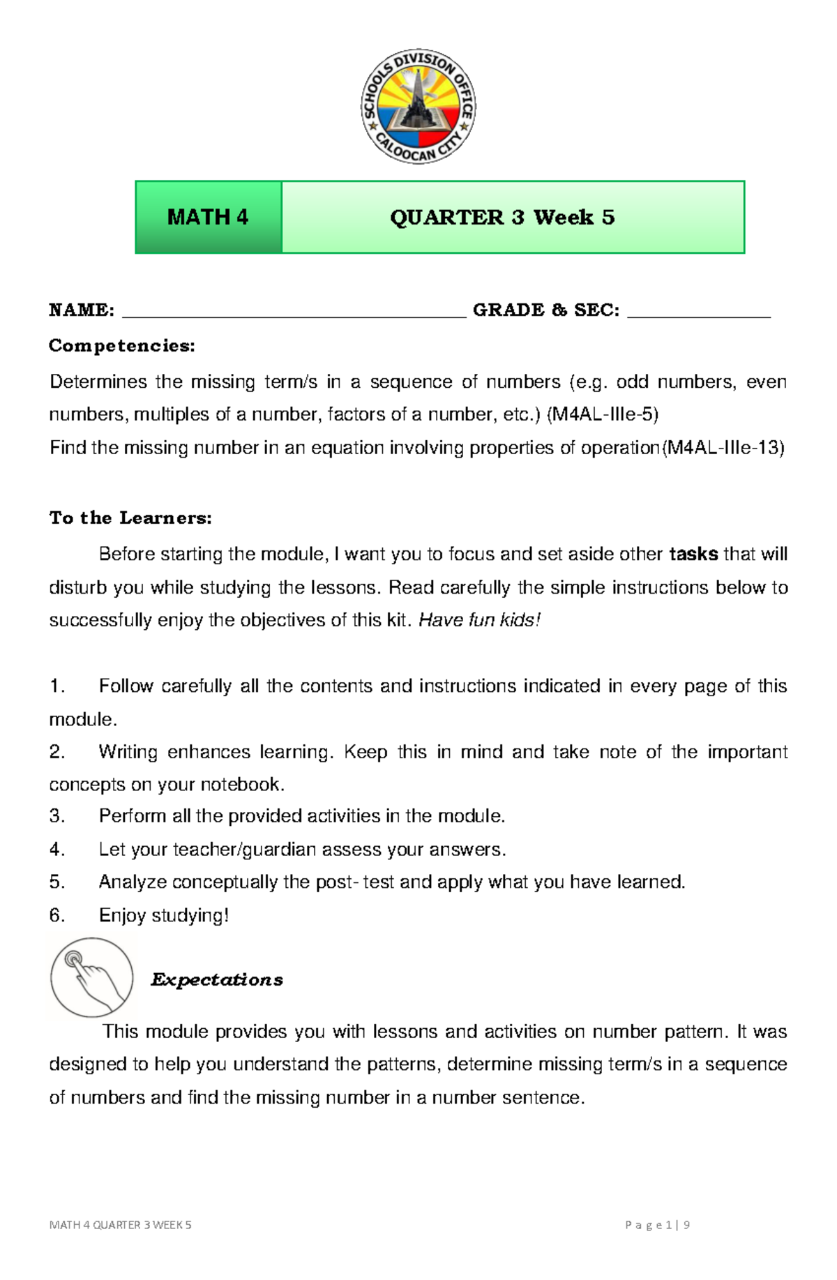 Math 4 Q3 Week 5 - Math 4 Q3 Week 5 - NAME: ____________________________________ GRADE & SEC ...