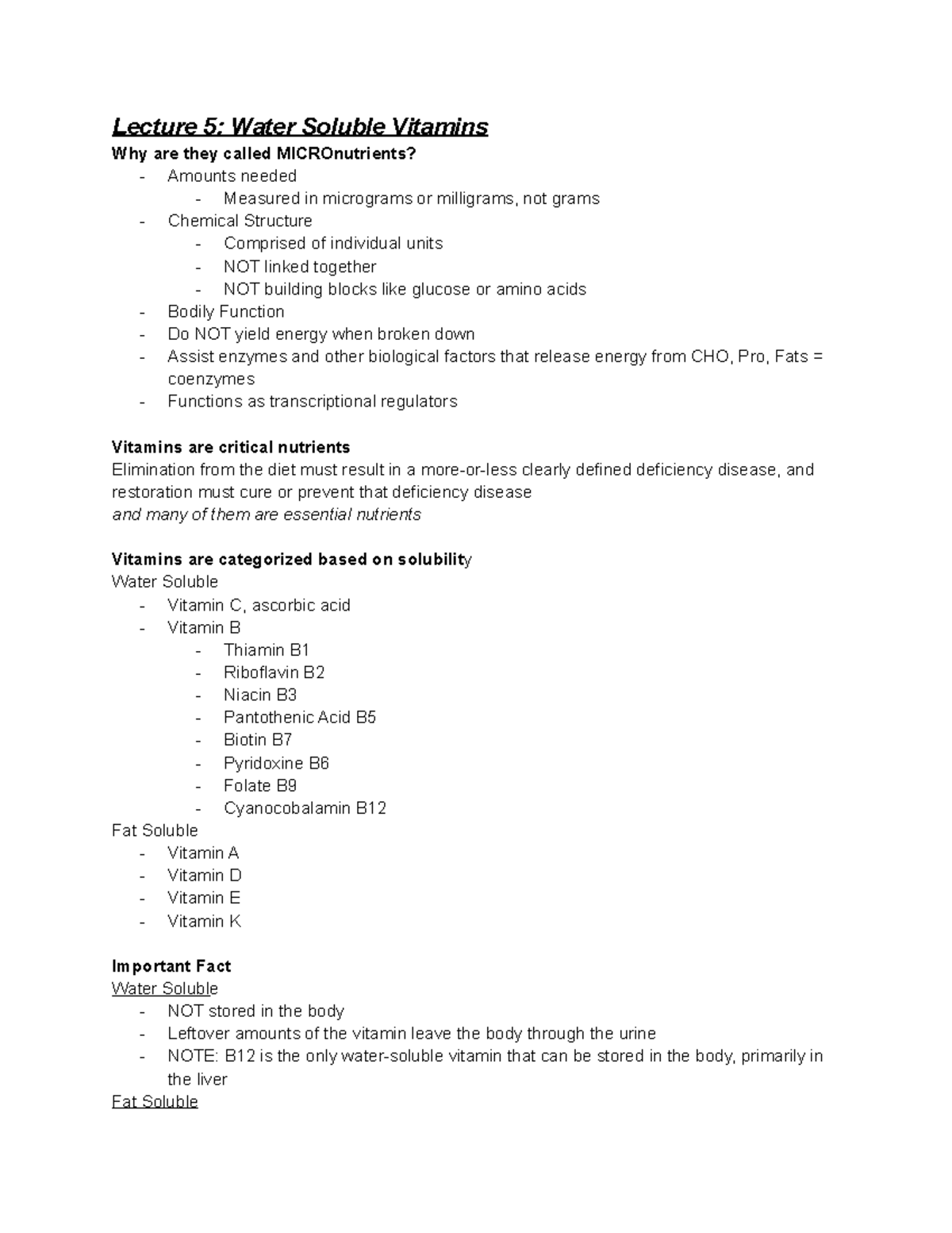 Lecture 5-Water Soluble VItamins - Lecture 5: Water Soluble Vitamins ...