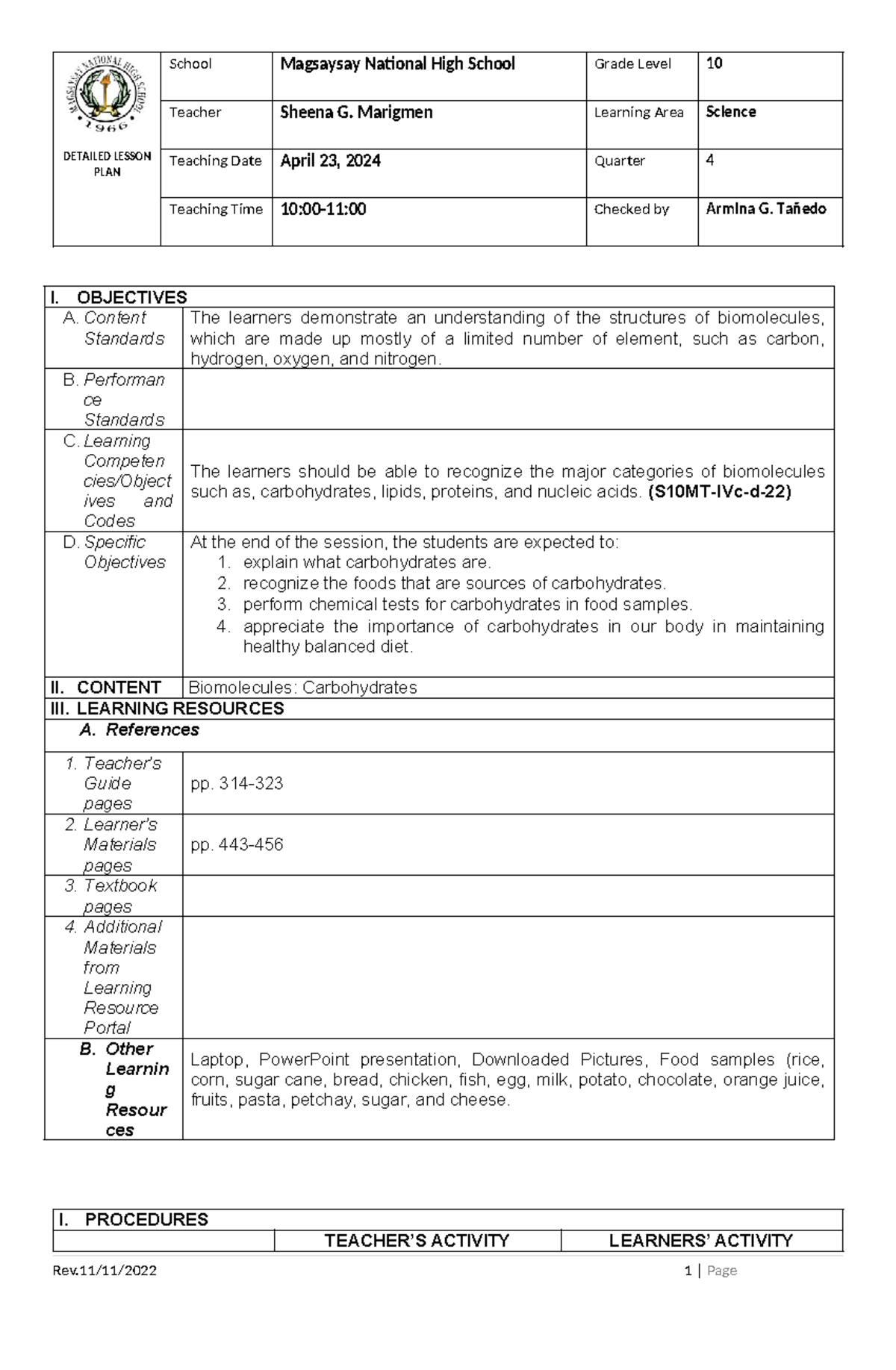 DLP Carbohydrates - DETAILED LESSON PLAN Teacher Sheena G. Marigmen ...