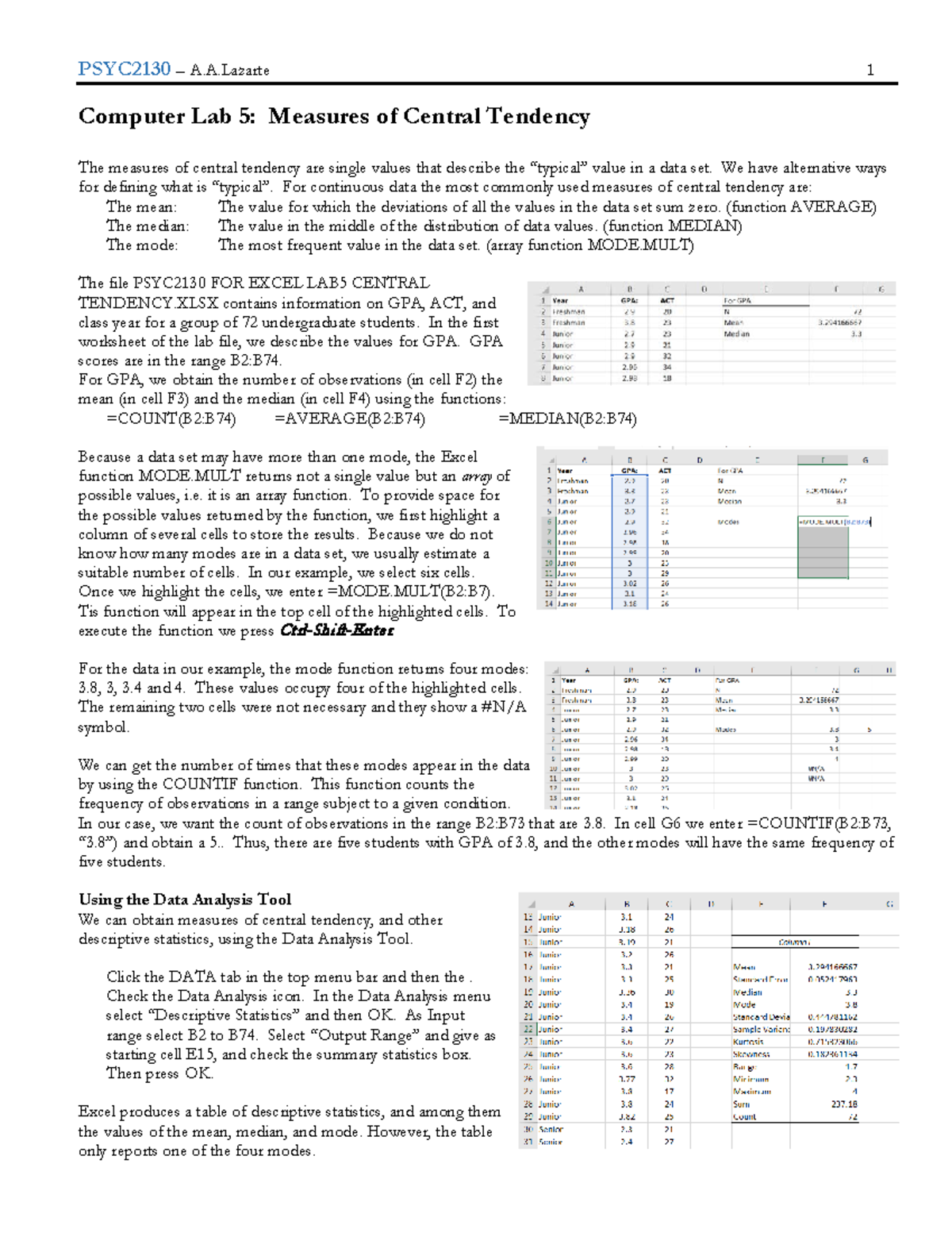 PSYC2130-Computer Lab 5-Central Tendency - PSYC2130 – A.A 1 Computer ...