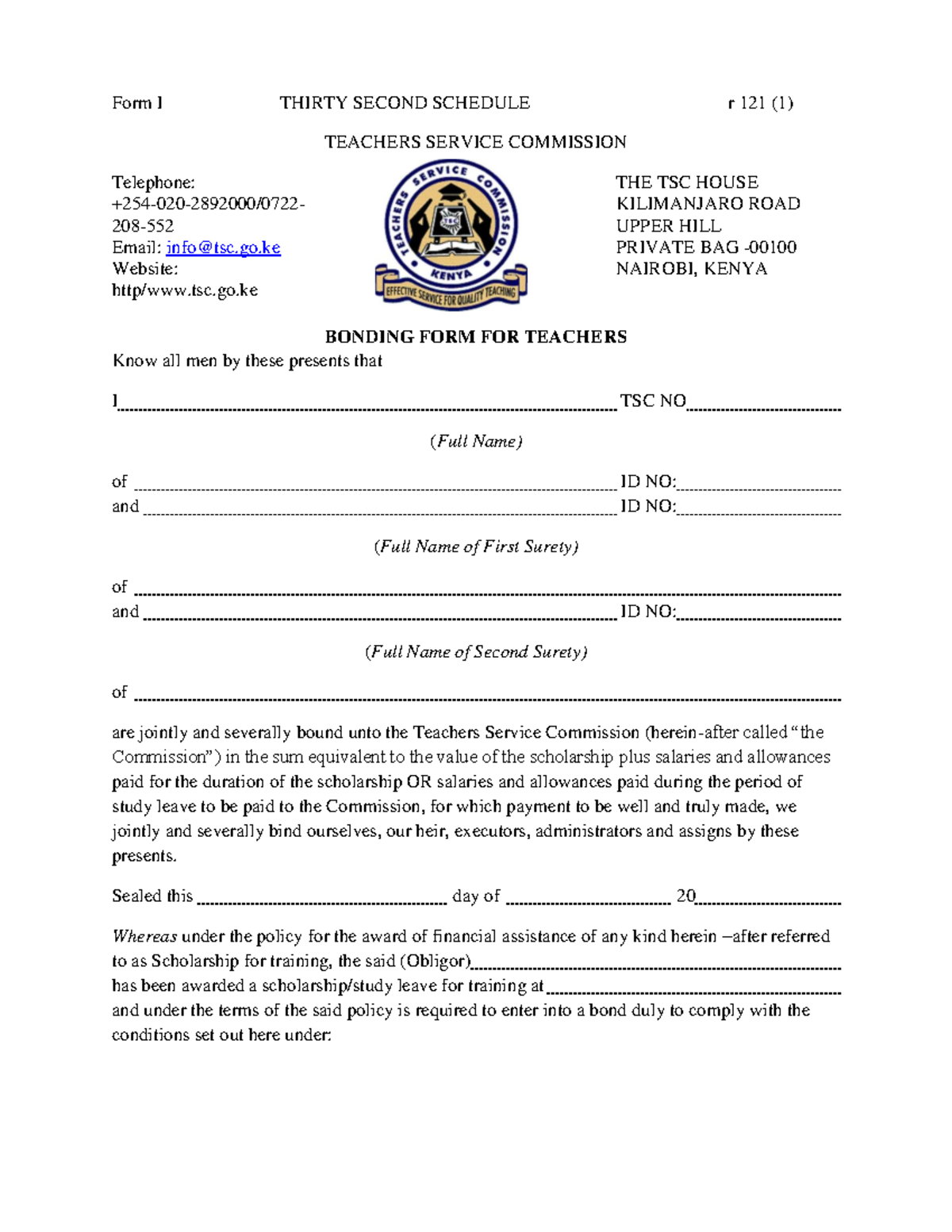TSC Bonding FORM - Form I THIRTY SECOND SCHEDULE r 121 (1) TEACHERS ...