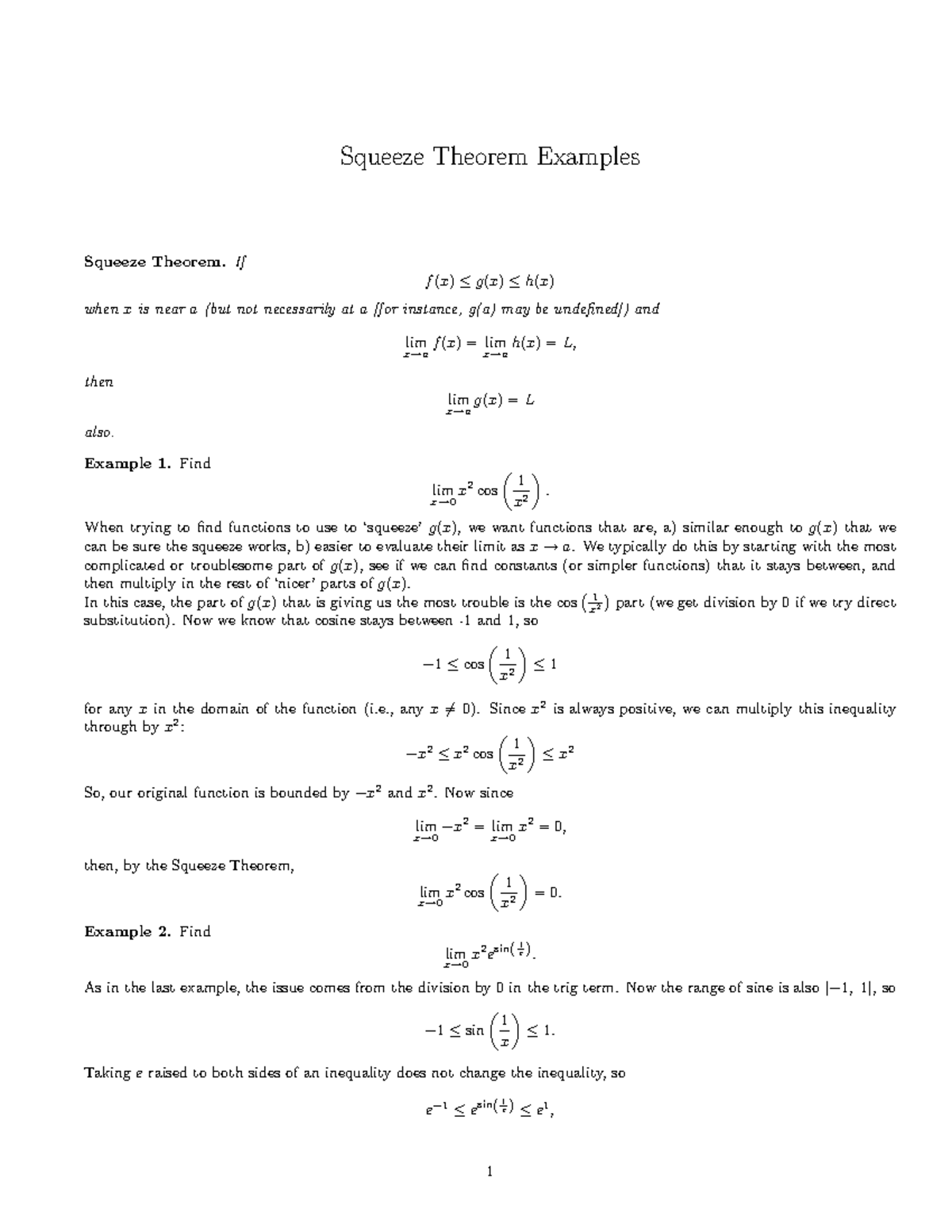 Squeeze Theorem - merp - Squeeze Theorem Examples Squeeze Theorem f(x)≤ ...