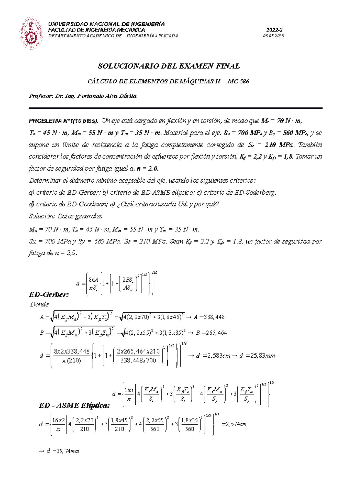 Solucionario Examen Final MC586 2022-2 - UNIVERSIDAD NACIONAL DE INGENIERÍA FACULTAD DE ...