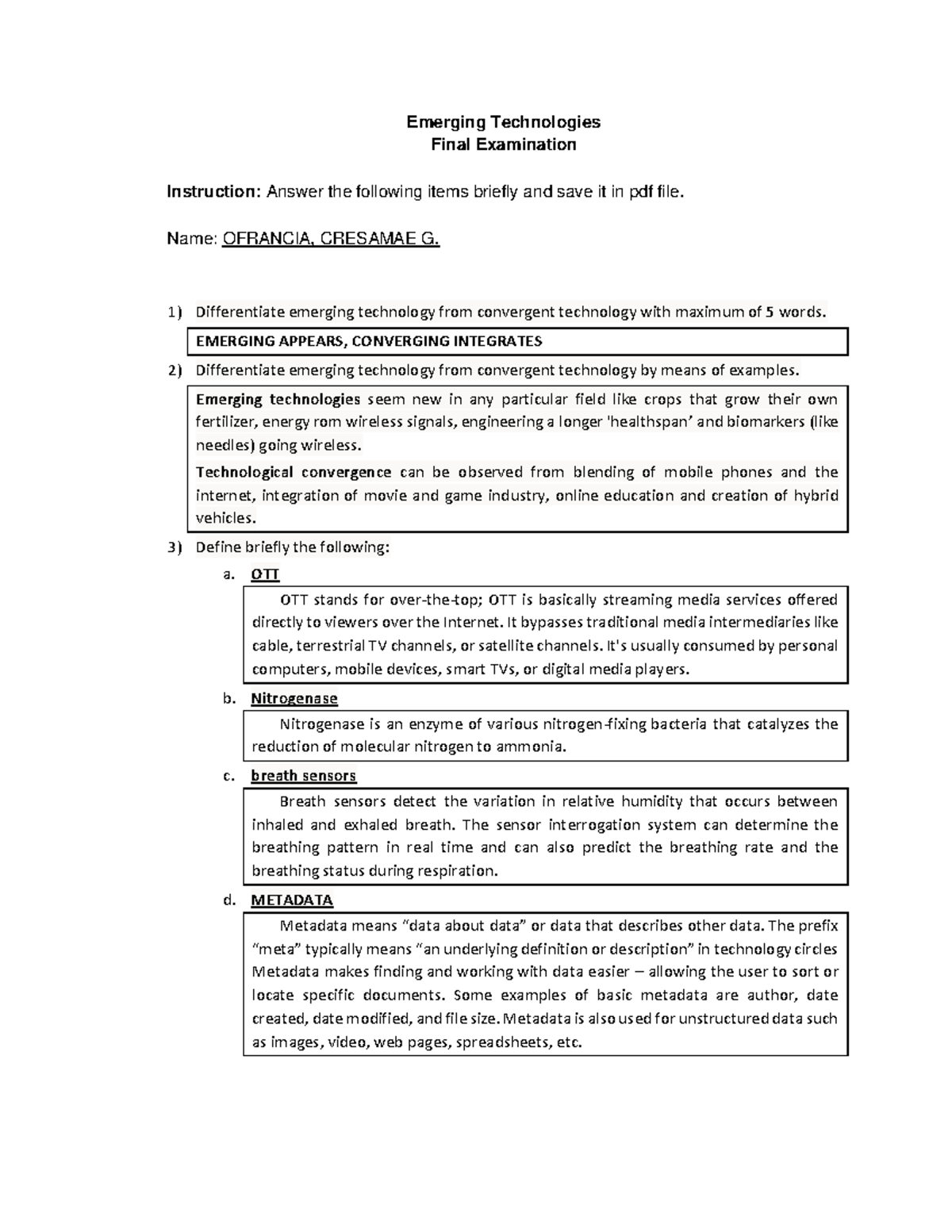 Ofrancia FE Emergingtech - Emerging Technologies Final Examination ...