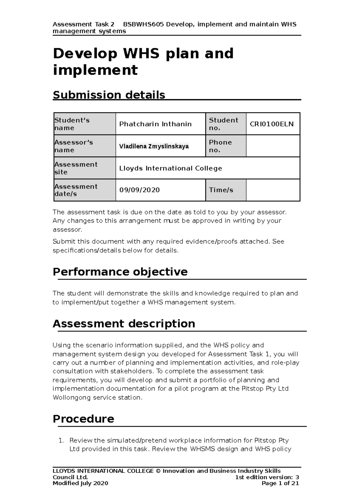 BSBWHS605 - Develop, Implement and Maintain WHS Management Systems - Assessment Task 2 BSBWHS605 ...